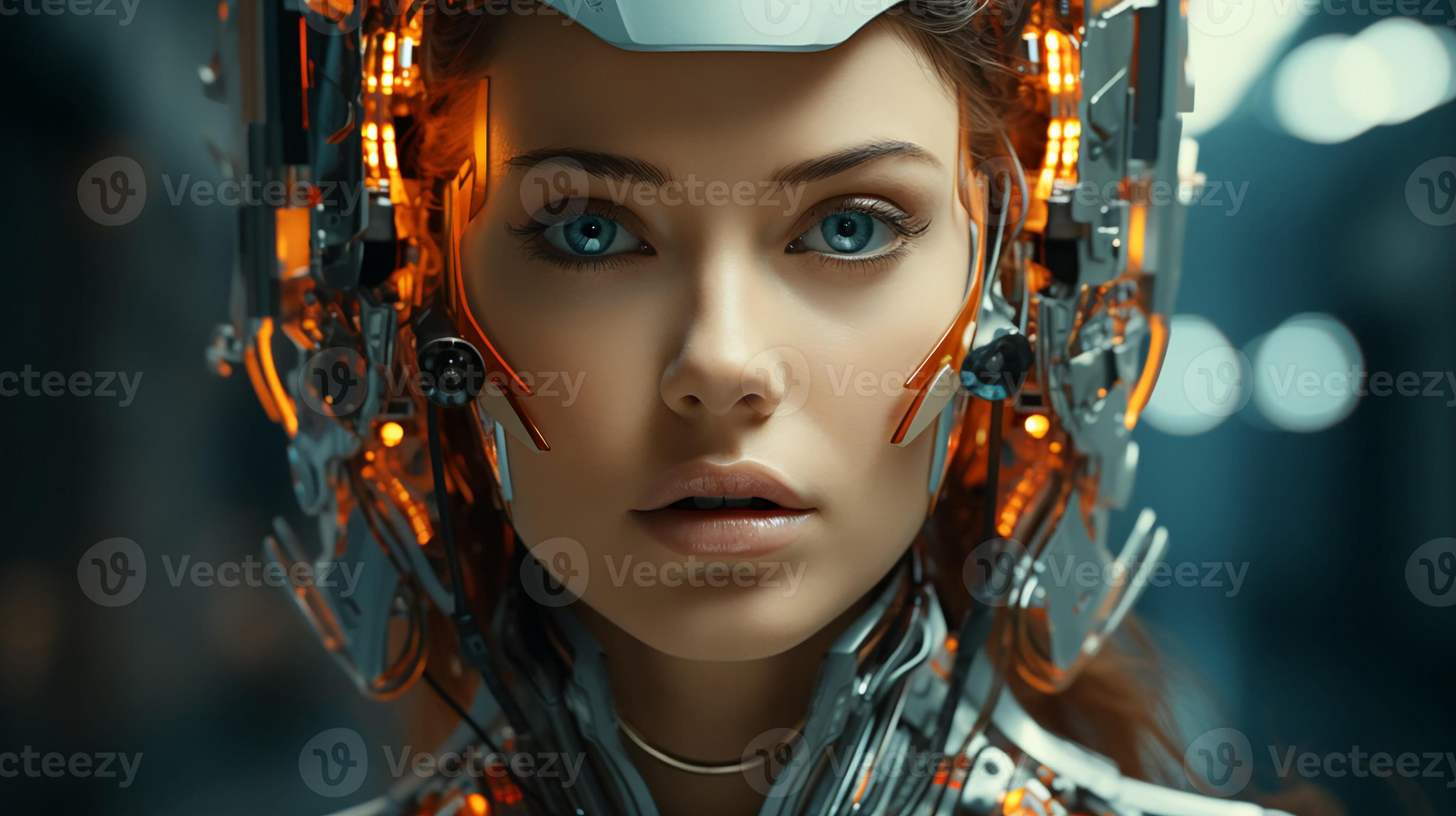 Connection of human woman and artificial intelligence robot. The concept of merging a person and ...