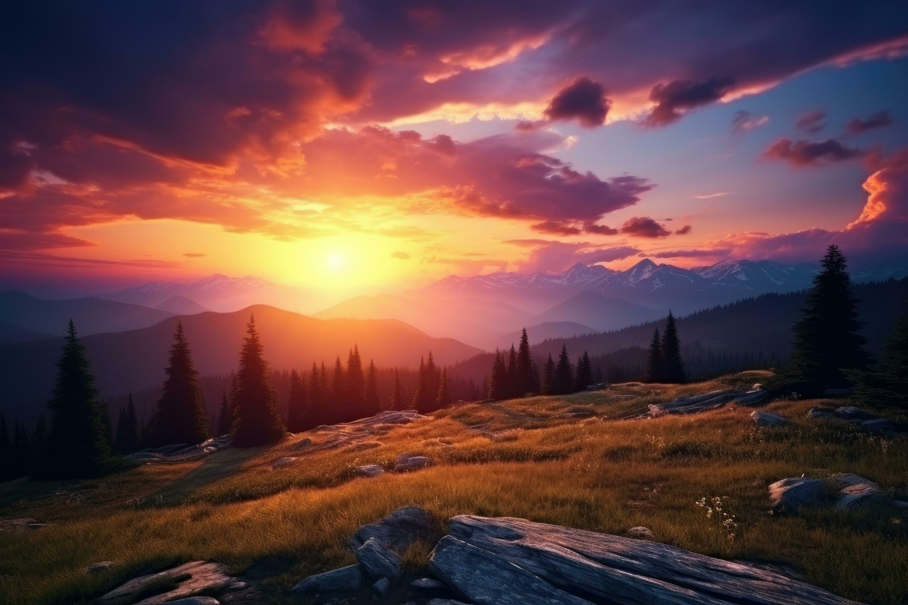 Majestic sunset in the mountains landscape. Dramatic sky. beautiful ...