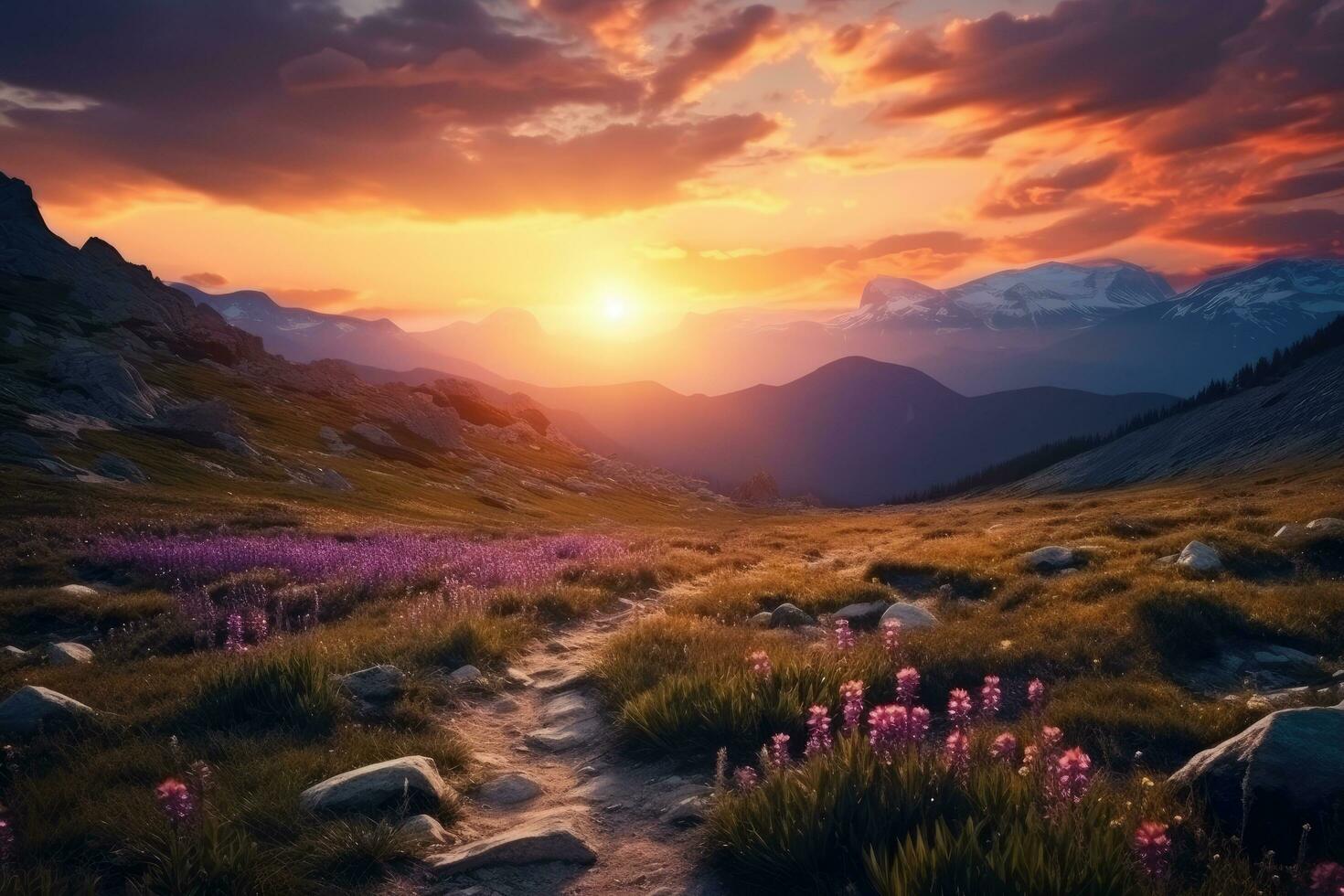 Sunset in the mountains with pink flowers in the foreground. Beautiful ...