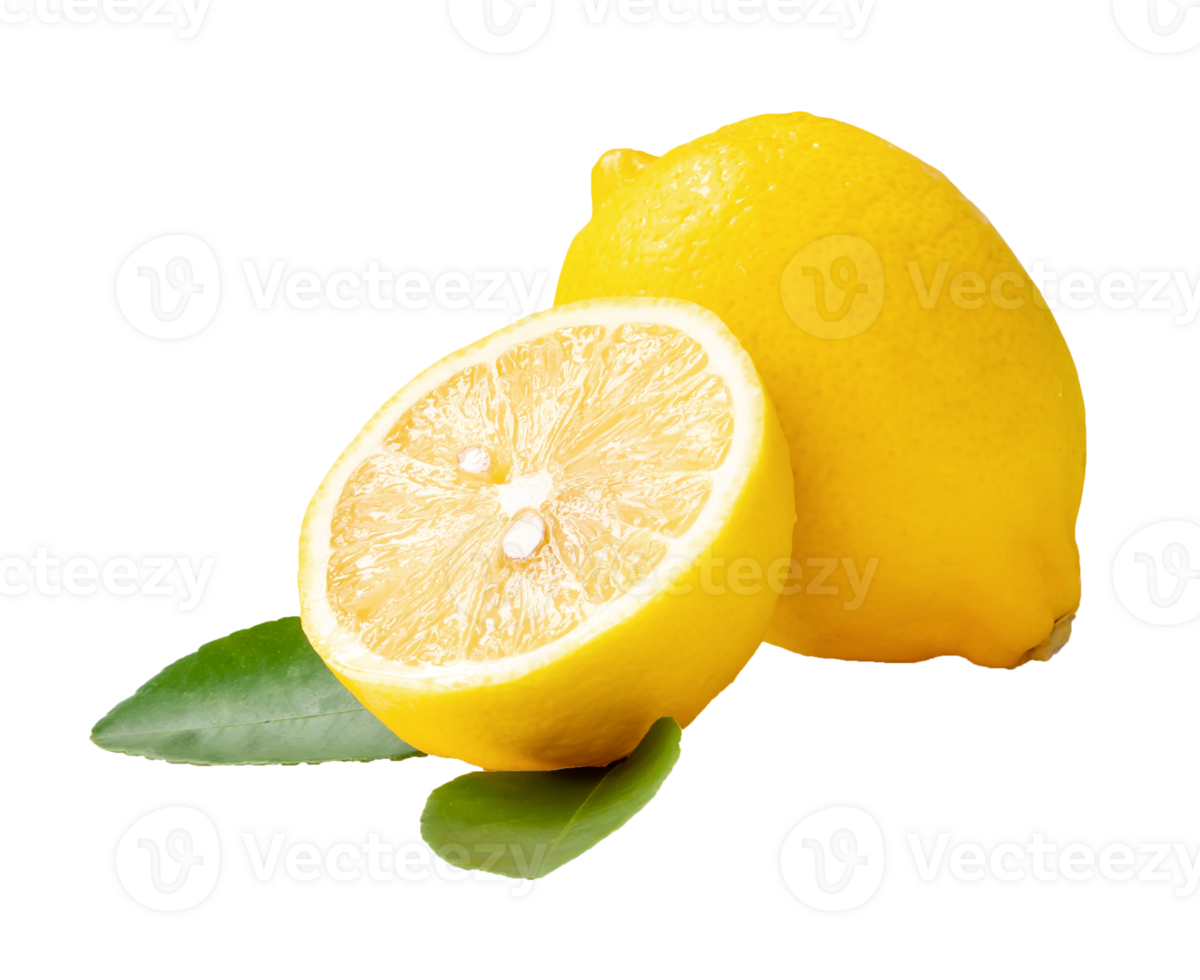 Single Whole Fresh Beautiful Yellow Lemons With Half And Leaves