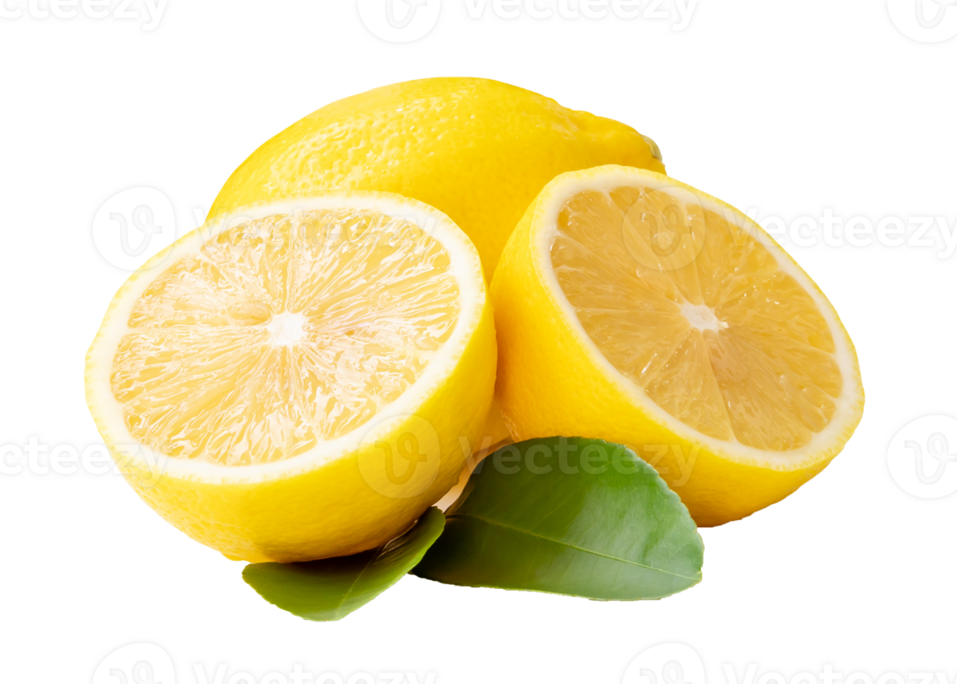 Single Whole Fresh Beautiful Yellow Lemons With Two Halves And Leaves Isolated With Clipping