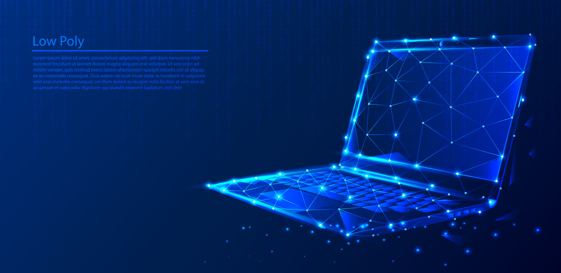 Polygonal laptop on dark blue tech background, triangles and particle ...