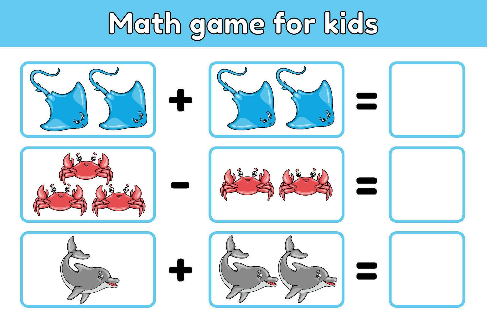 Math educational game for children with cartoon stingrays, crabs ...