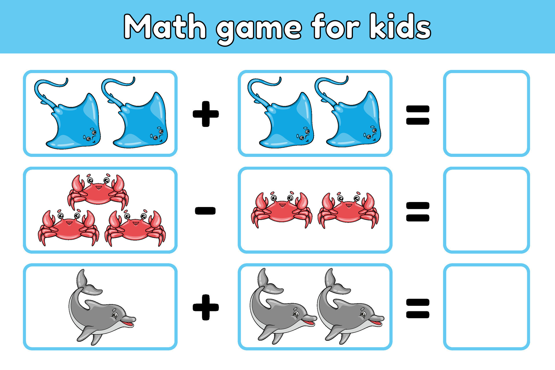 Math educational game for children with cartoon stingrays, crabs ...