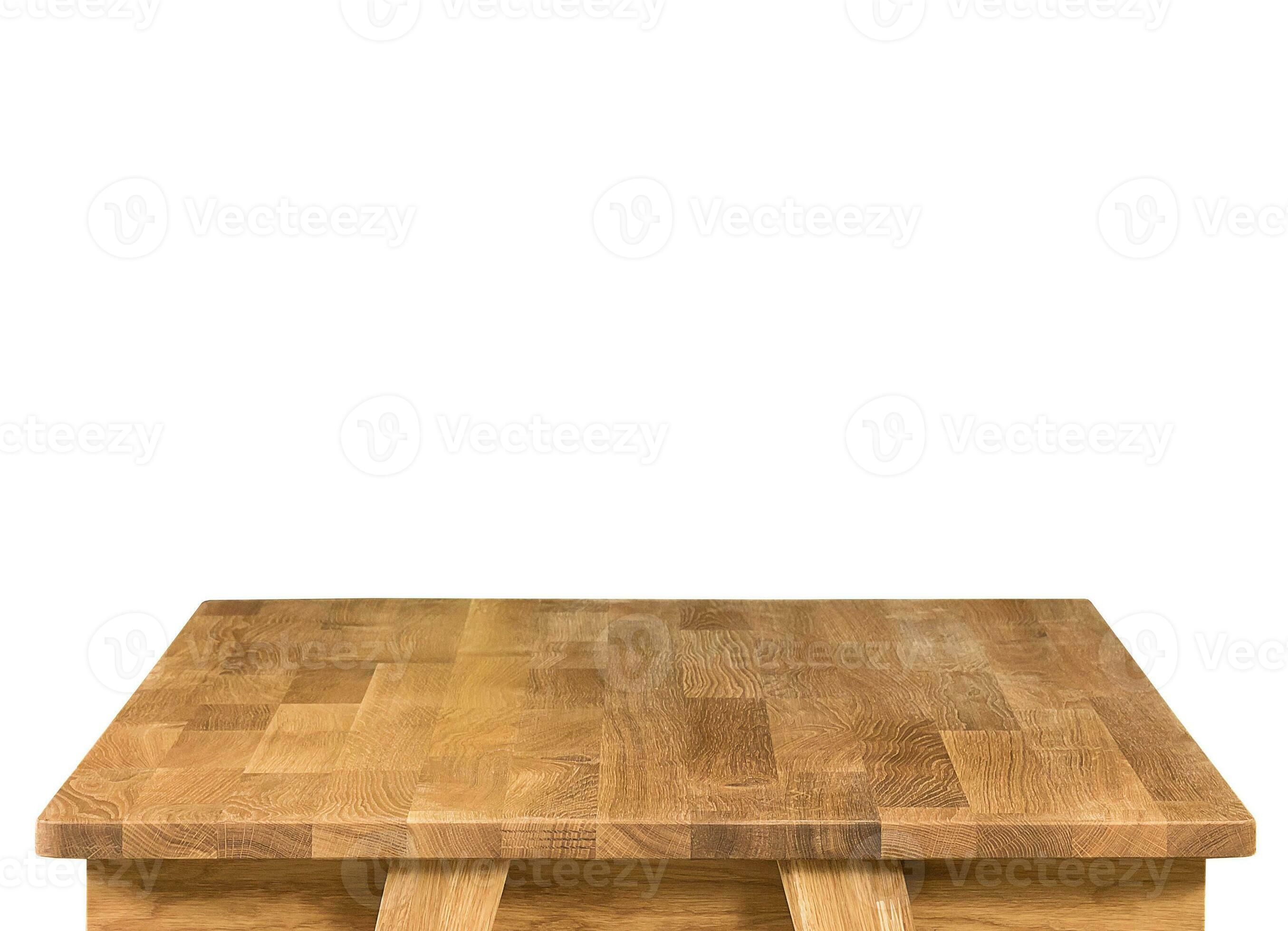 Wooden table top surface isolated over white background. Solid wood furniture close view 3D ...
