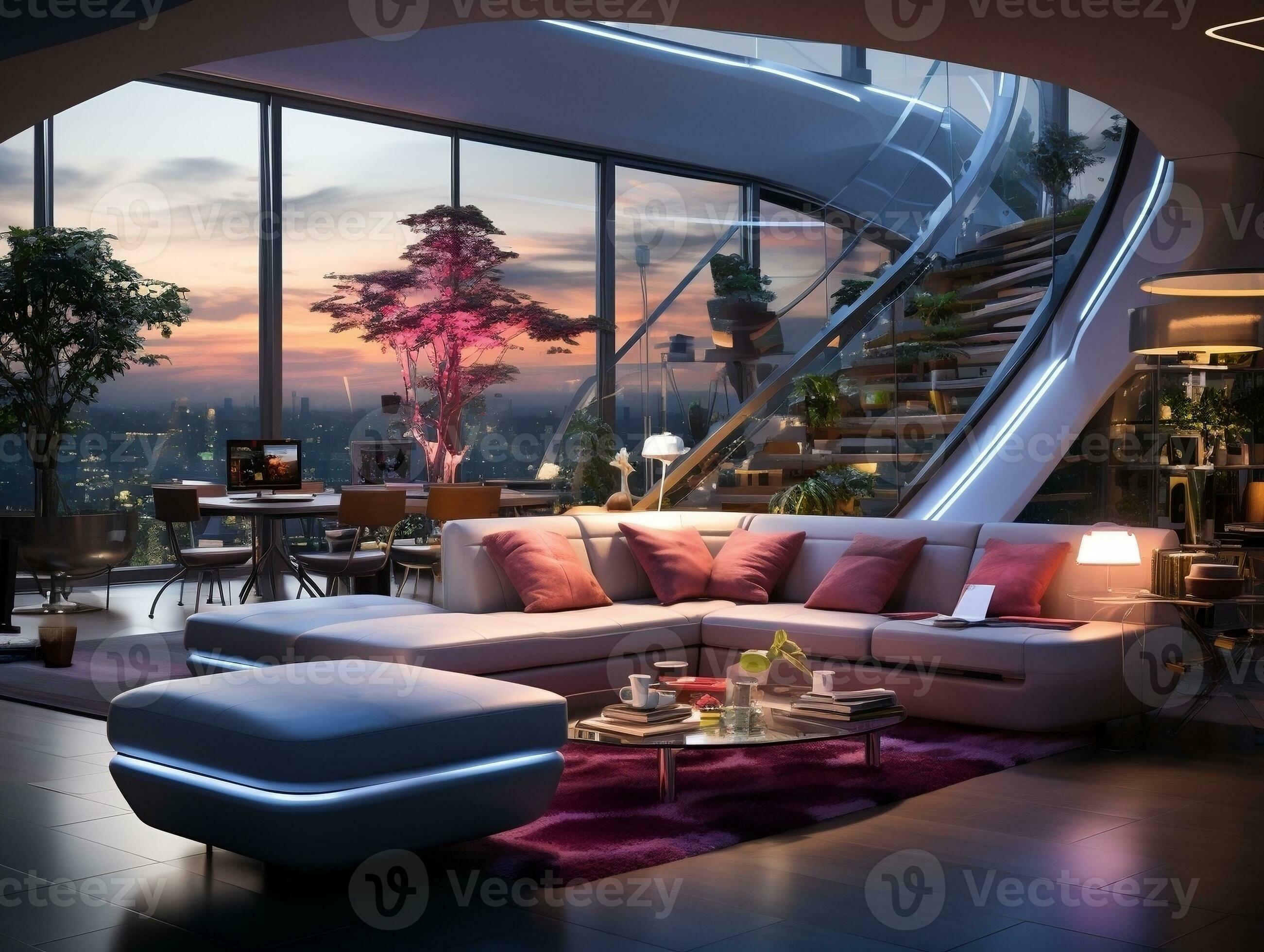 A futuristic and high-tech modern home interior with clean lines and seamless integration of ...