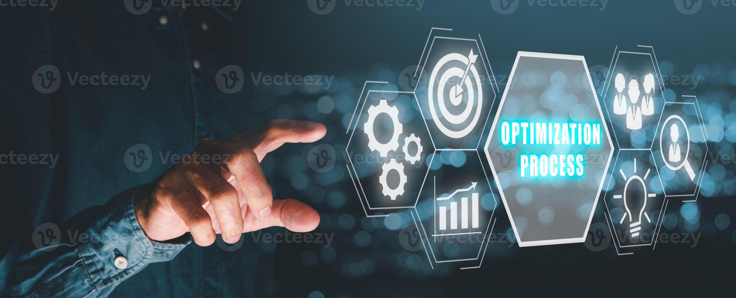 Optimization process concept, Person hand touching optimization process icon on virtual screen ...