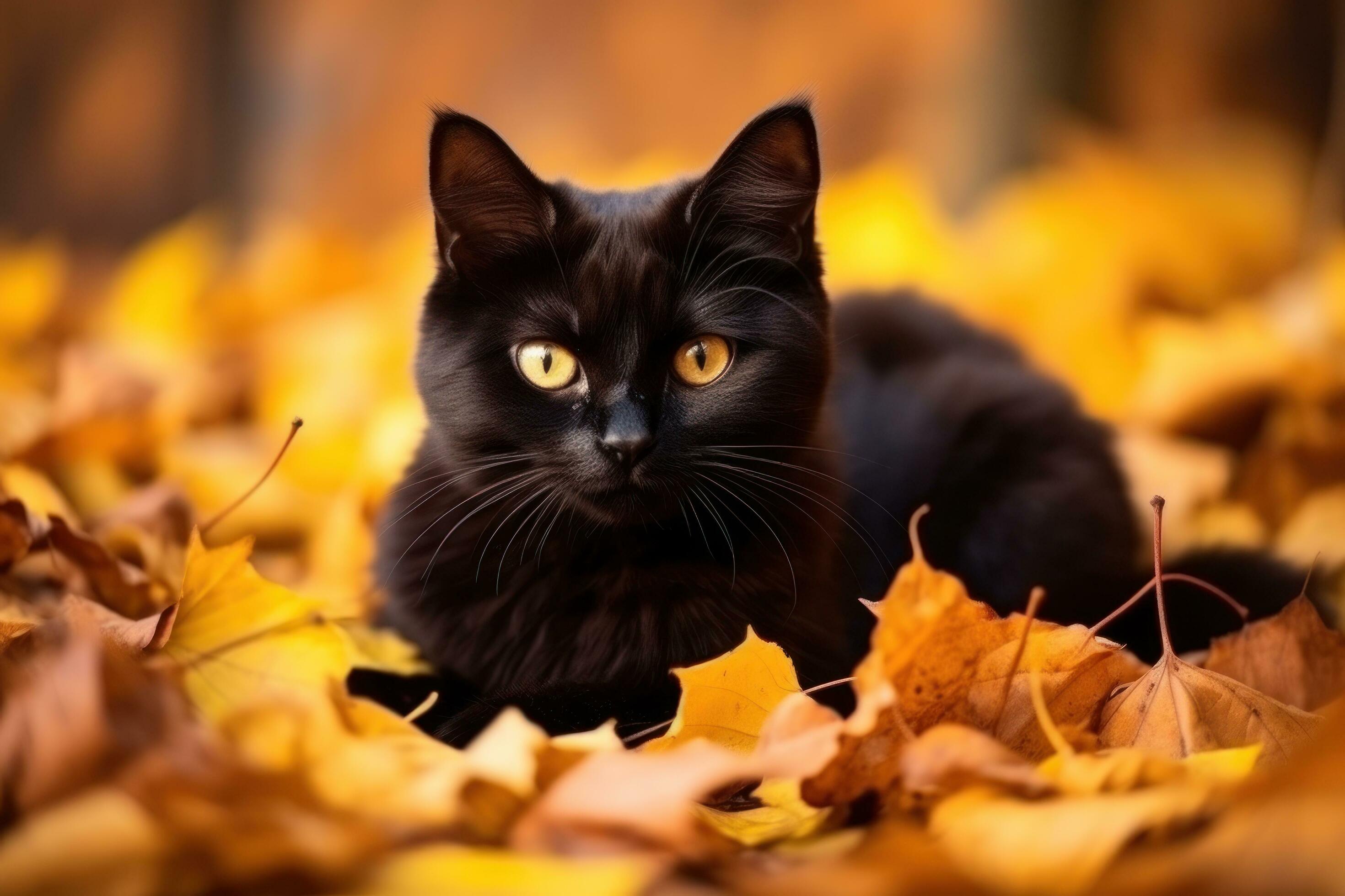 Black cat in autumn leaves 27428530 Stock Photo at Vecteezy