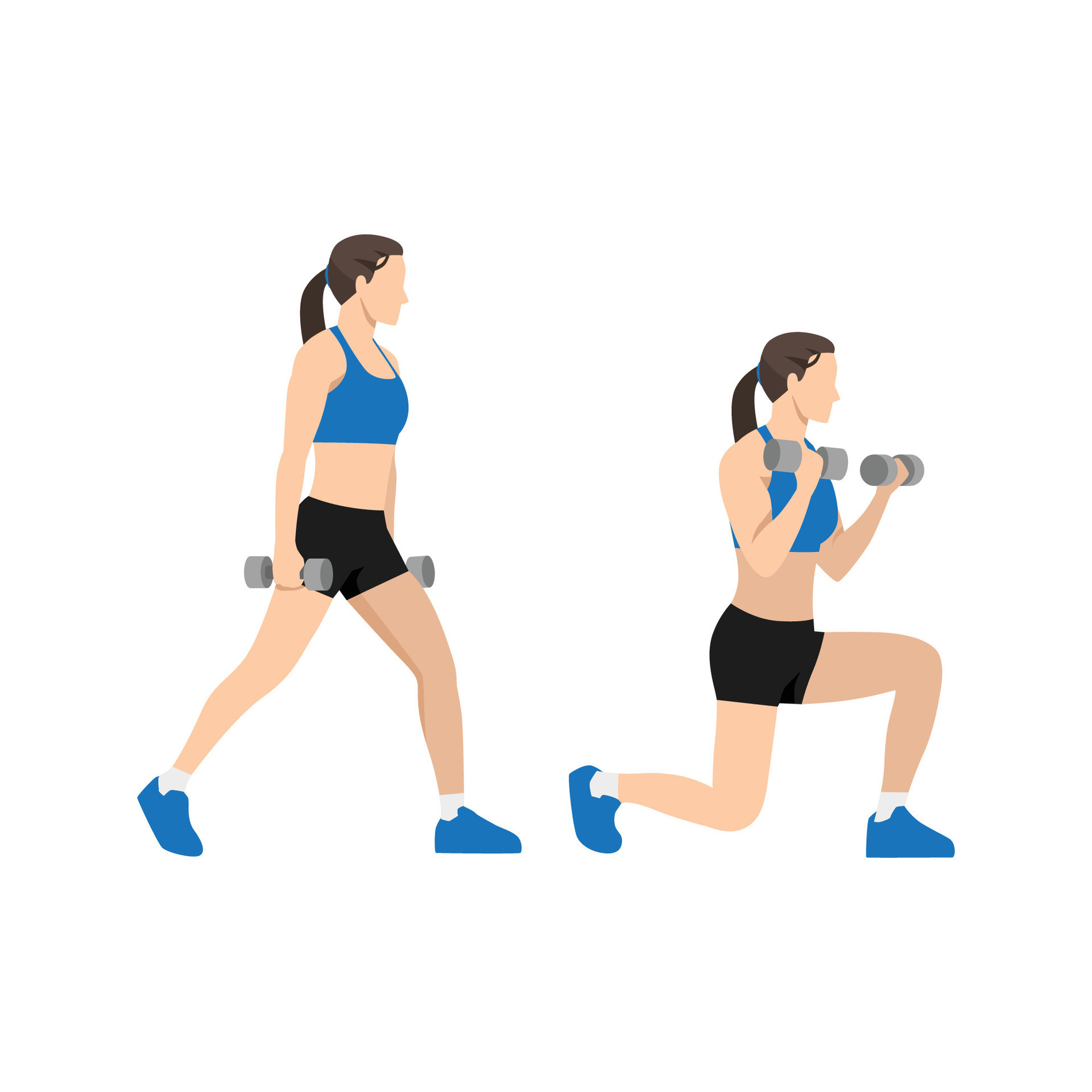 Woman Doing Stationary Lunge With Biceps Curl Exercise Flat Vector