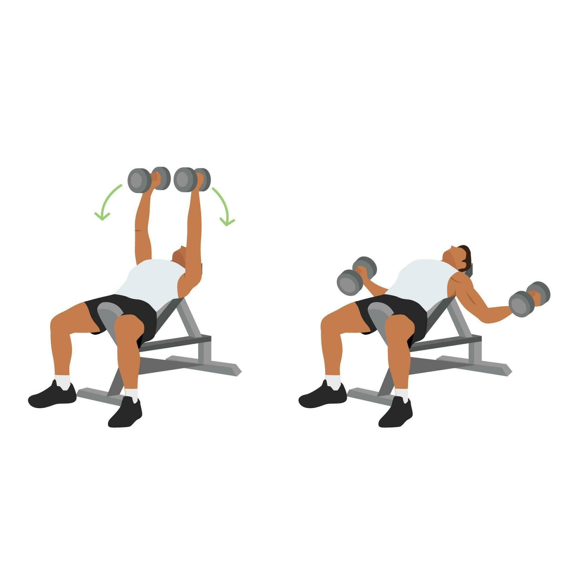 Man doing Incline bench dumbbell flyes exercise. Flat vector illustration isolated on white ...