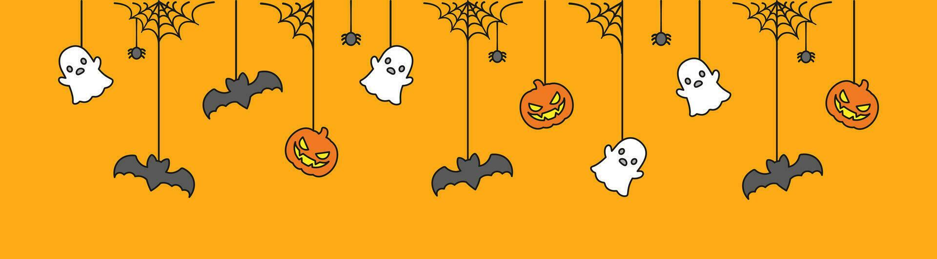 Happy Halloween banner or border with bats, ghost and jack o lantern ...