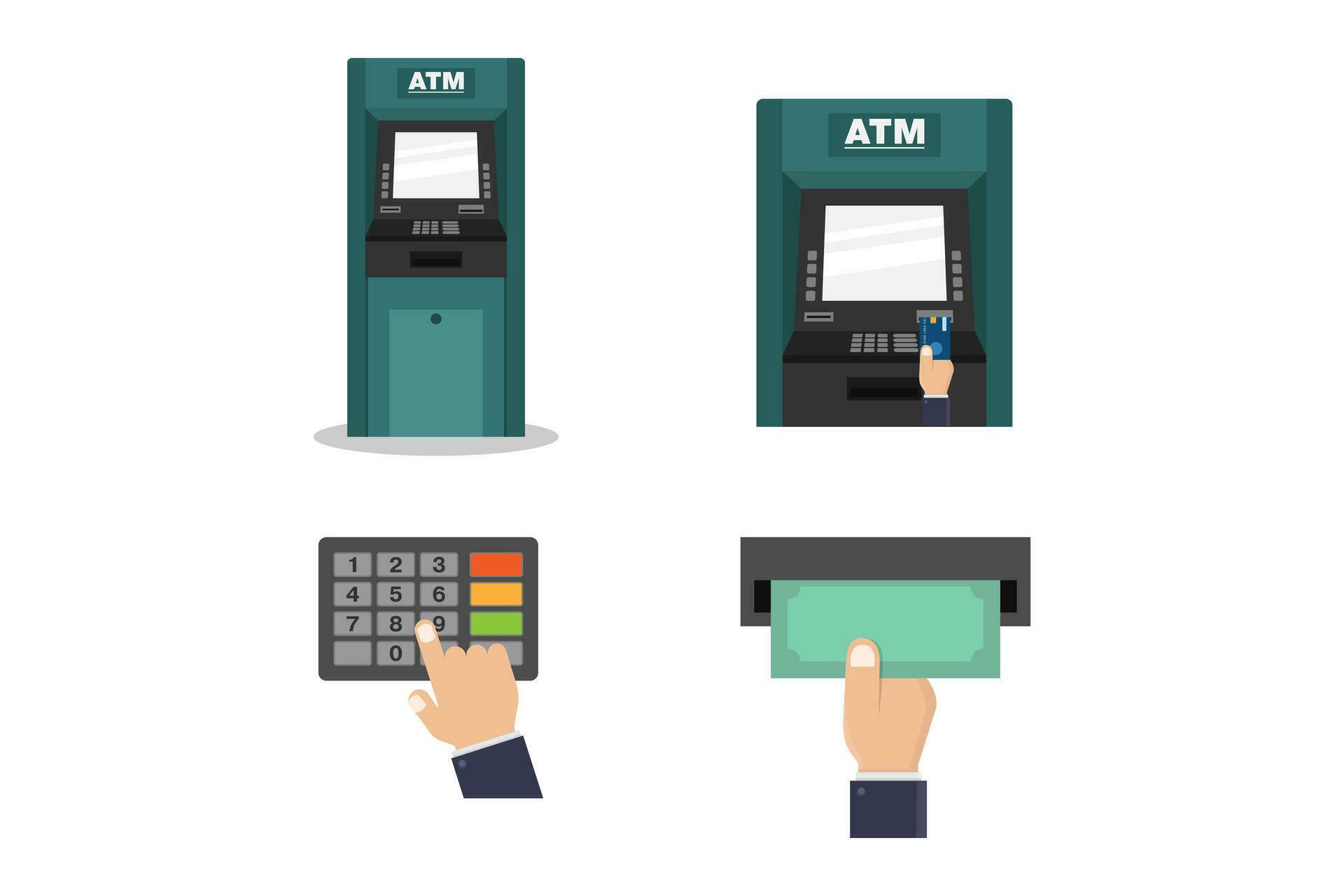 Collection of cash withdrawal at an ATM vector illustration, ATM machine, insert card, press ...
