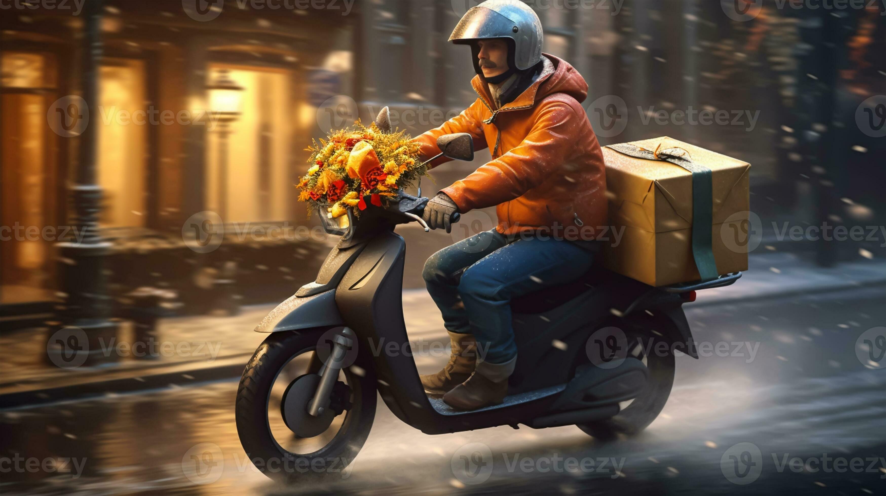 Delivery man on scooter with boxes in the city. Delivery service concept. 27443133 Stock Photo ...