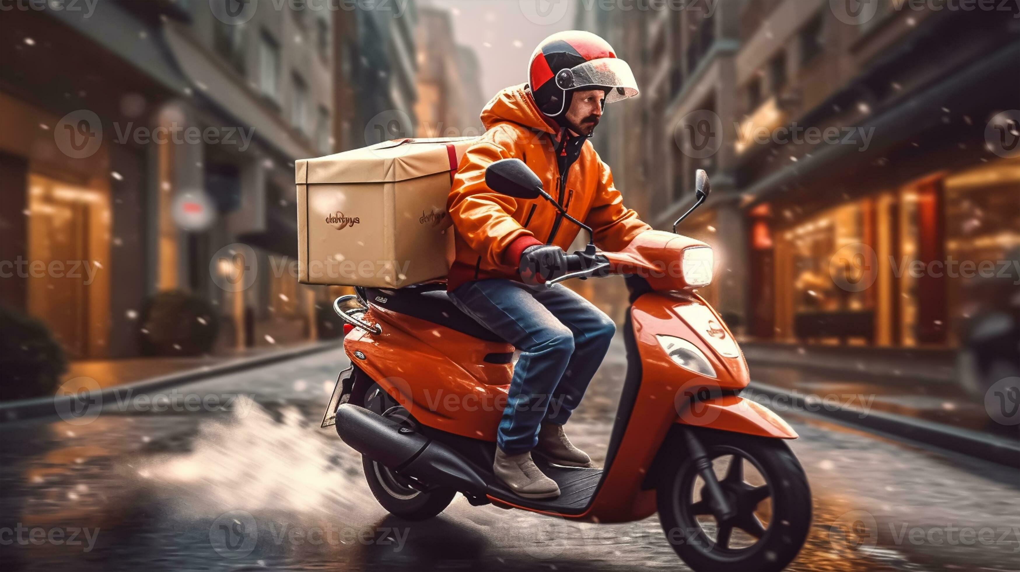 Delivery man on scooter with boxes in the city. Delivery service concept. 27443149 Stock Photo ...
