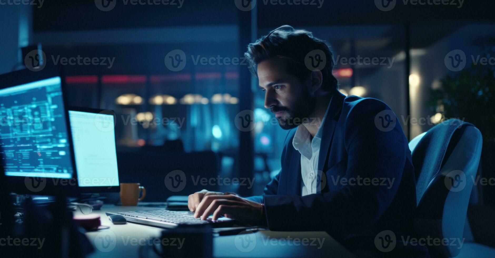 A software developer immersed in work late at night, multiple screens ...