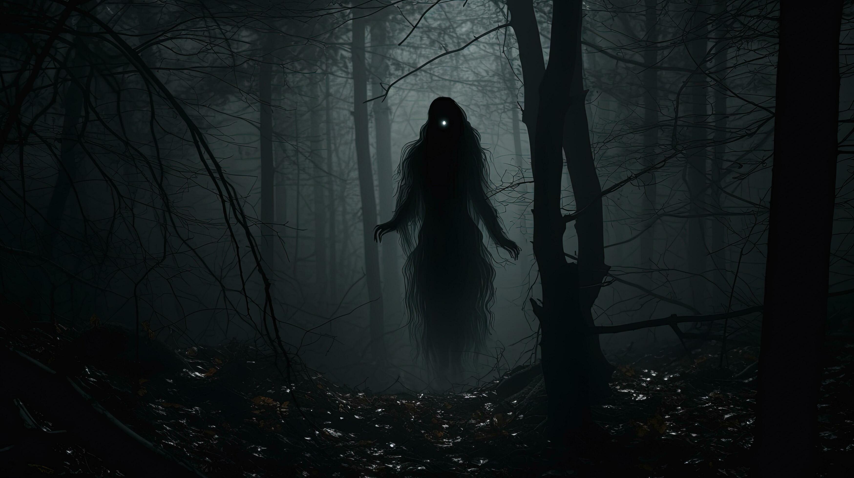 Terrifying female ghost with black hair in a dark forest. silhouette concept 27446730 Stock ...