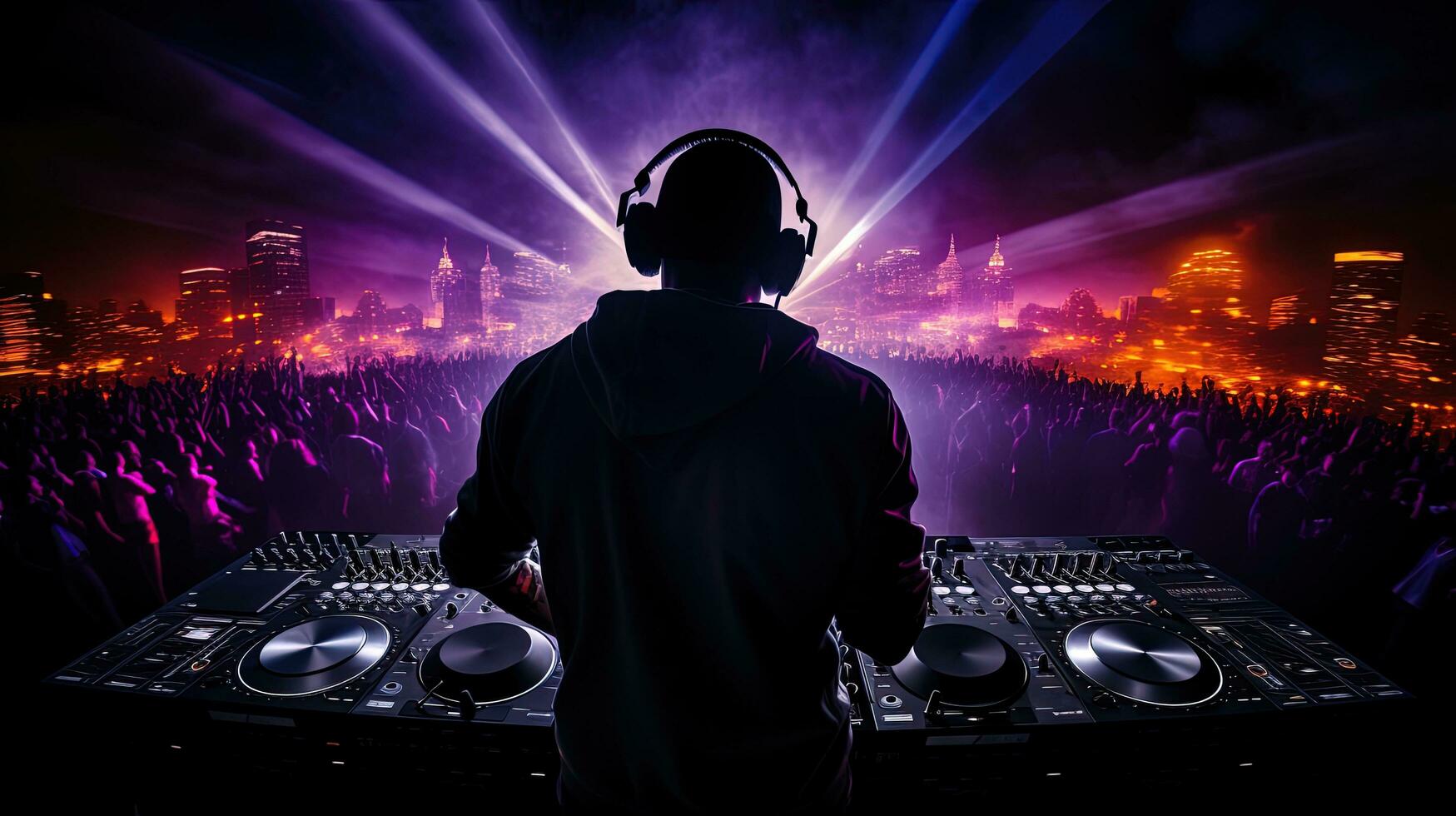 Night club DJ wearing headphones under party lights showcasing the nightout theme. silhouette ...