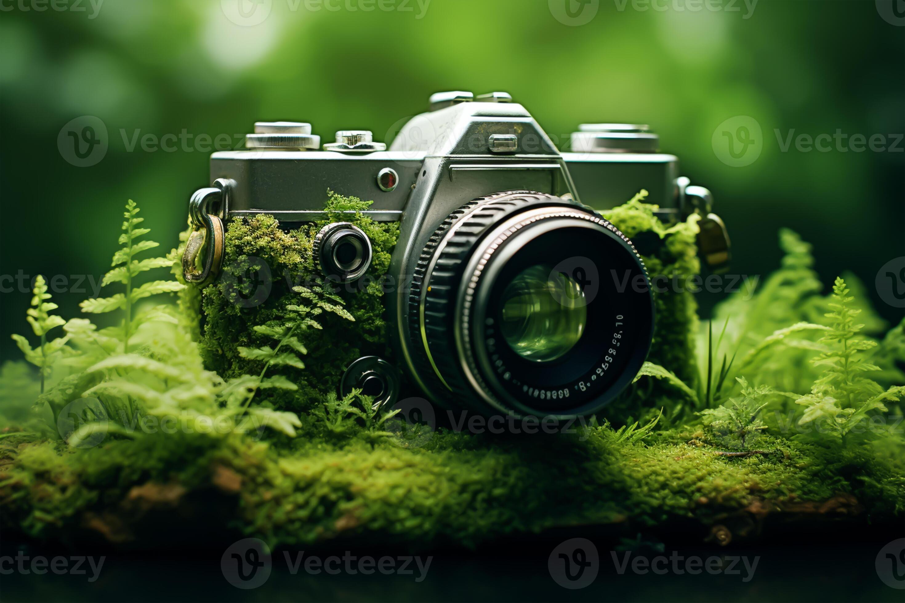 Green camera on grass with nature bokeh background. Nature concept ...