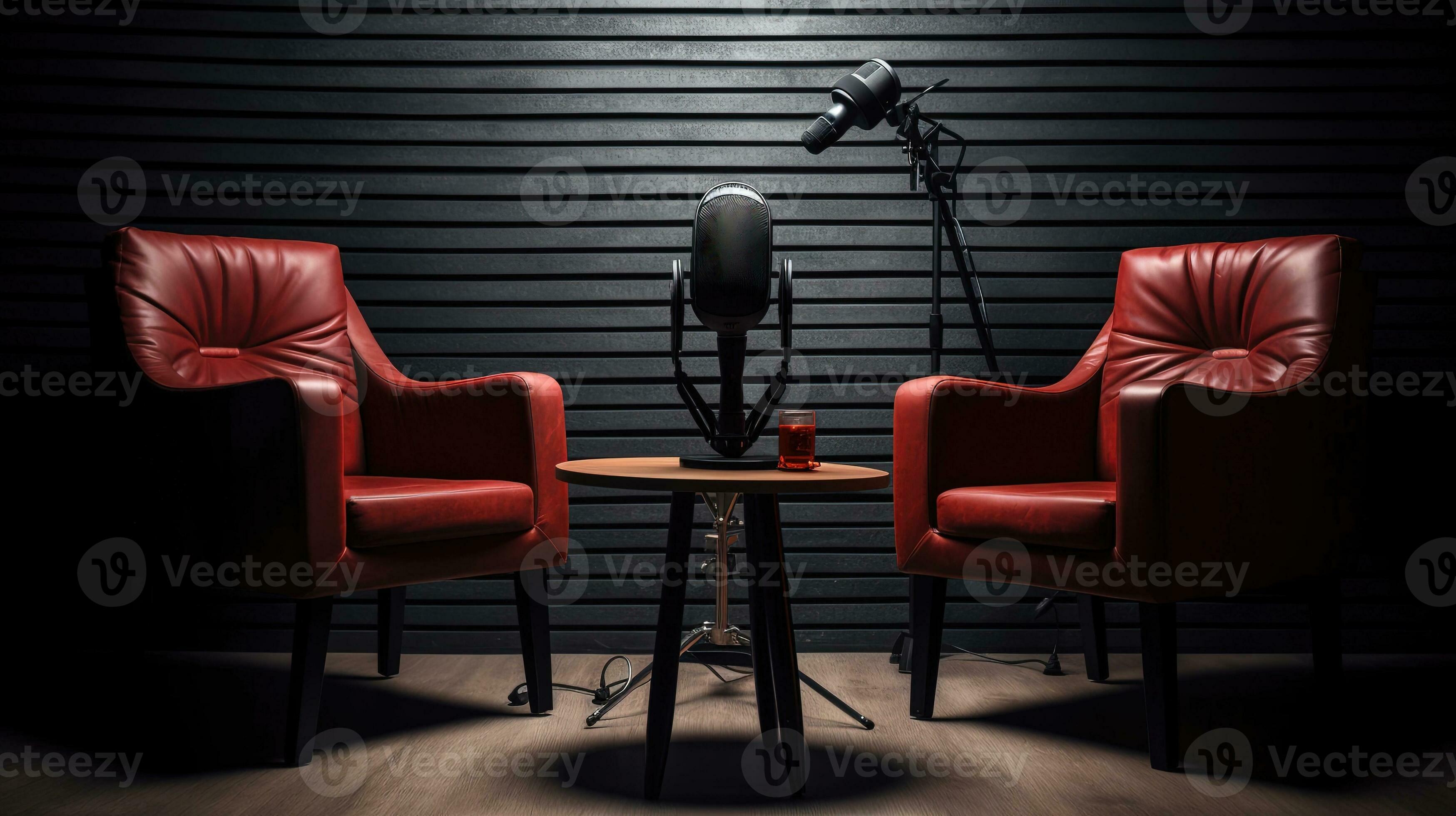 Podcast live or interview room with two chairs and microphones isolated on dark background. AI ...