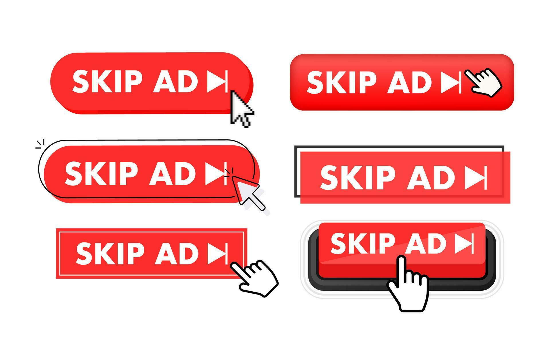 Set of Skip ad button. Hand pointer clicking. Skip ad web buttons 27464115 Vector Art at Vecteezy