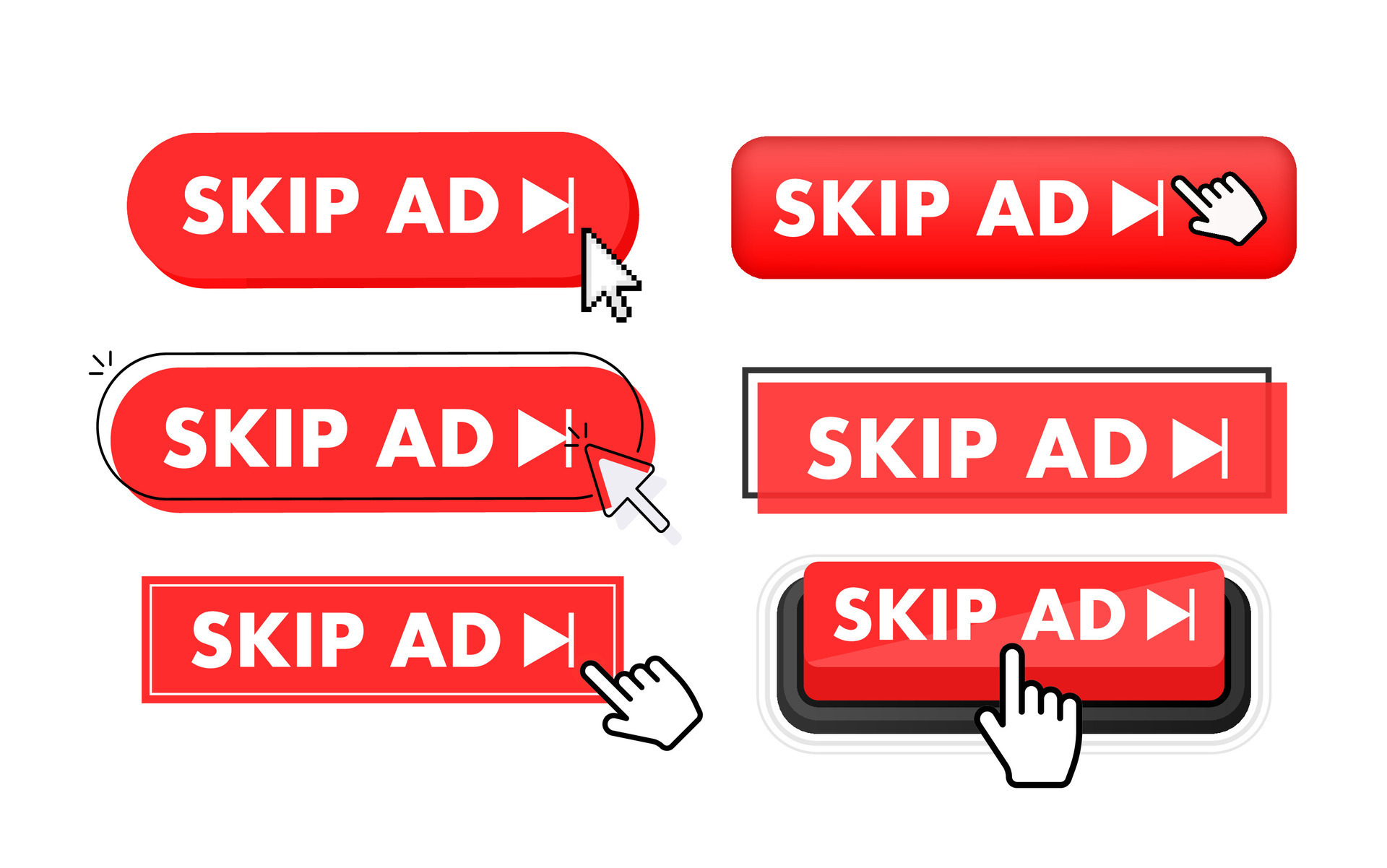 Set of Skip ad button. Hand pointer clicking. Skip ad web buttons 27464115 Vector Art at Vecteezy