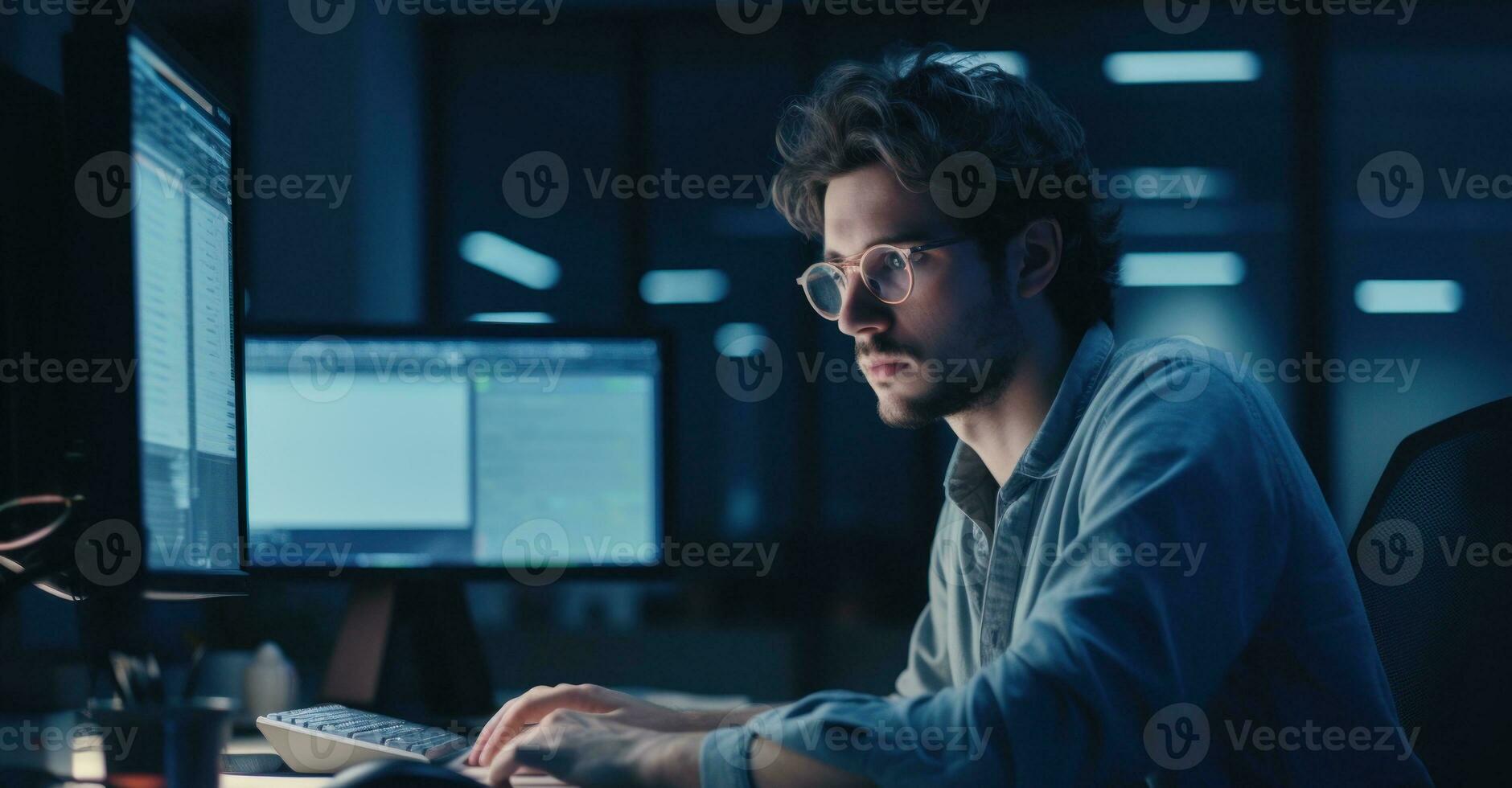 A software developer immersed in work late at night, multiple screens ...