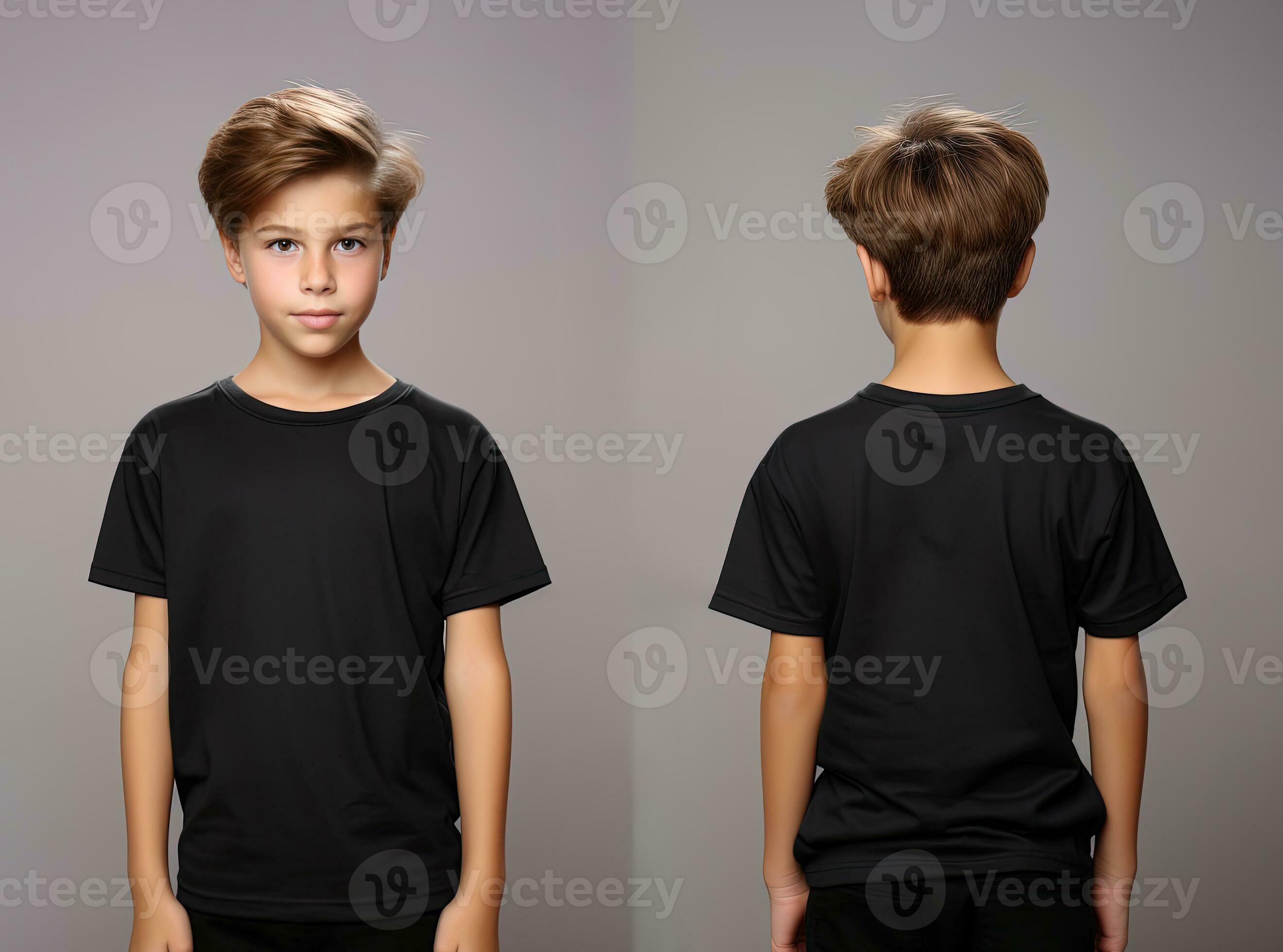 Front and back views of a little boy wearing a black T-shirt. ai ...
