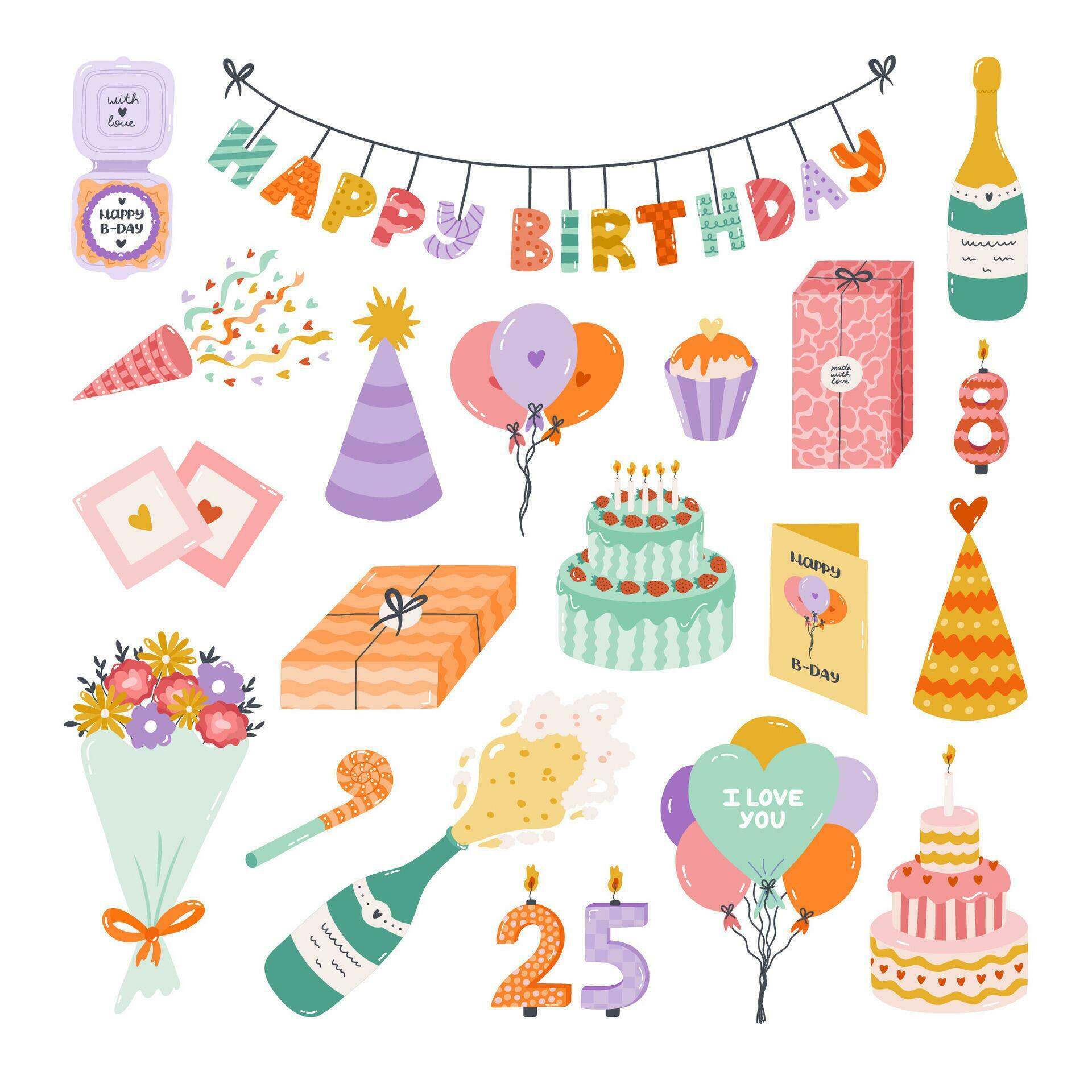 Cute hand drawn birthday set. Trendy holiday elements, party decoration ...