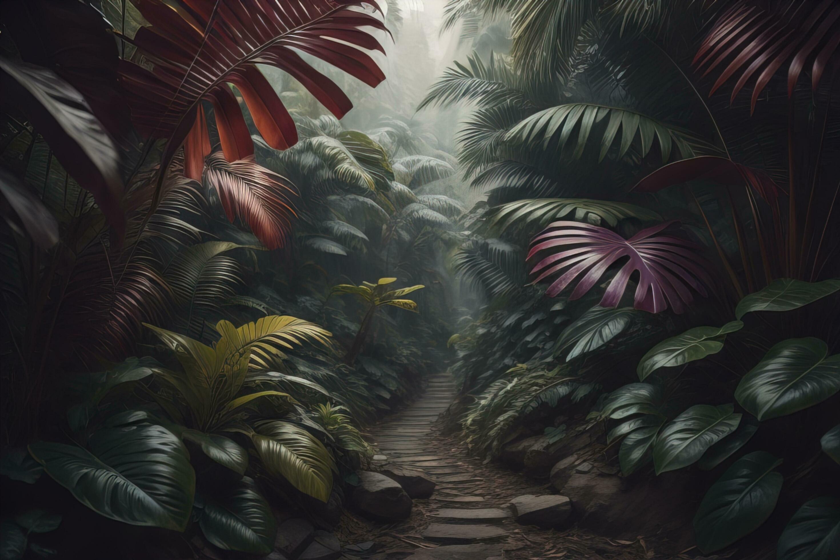 A pathway in tropical rainforest with palm trees and path in the mist ...