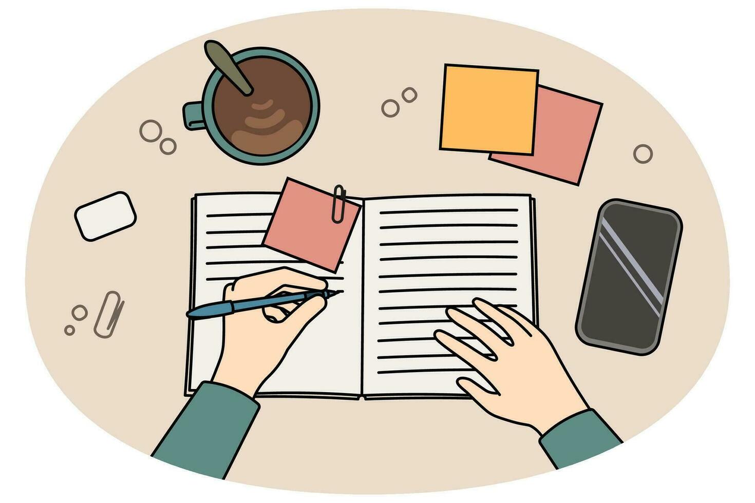 Person sitting at desk having coffee taking notes in notebook. Man ... Person sitting at desk having coffee taking notes in notebook. Man ...