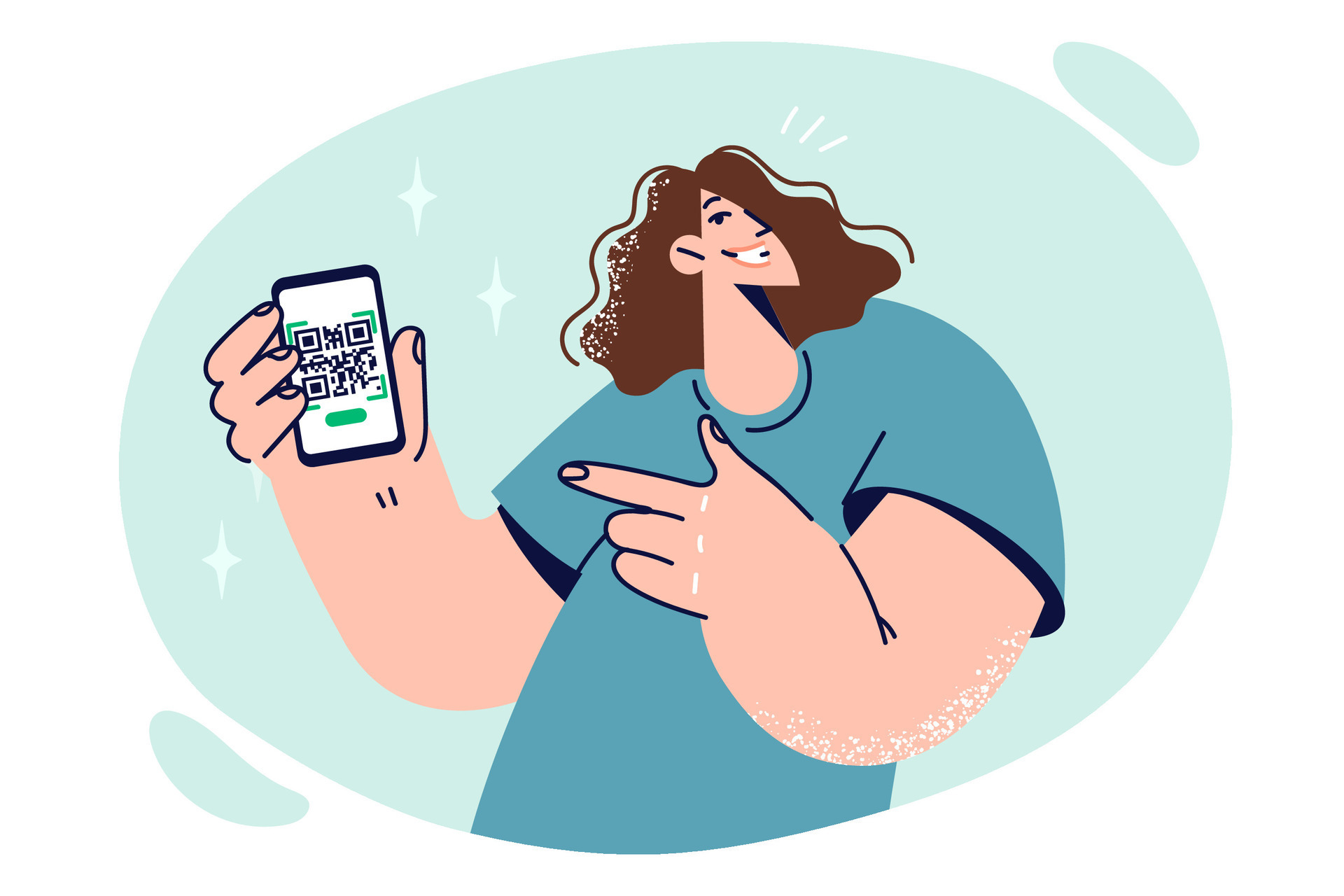 Woman with QR code on phone points to gadget with data confirming ... Woman with QR code on phone points to gadget with data confirming ...