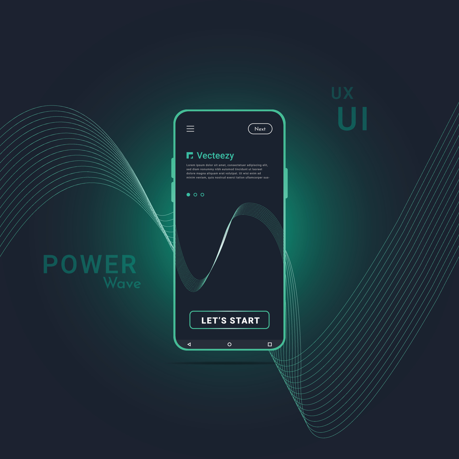 Creative smartphone layout. Green frame with neon glowing background ...