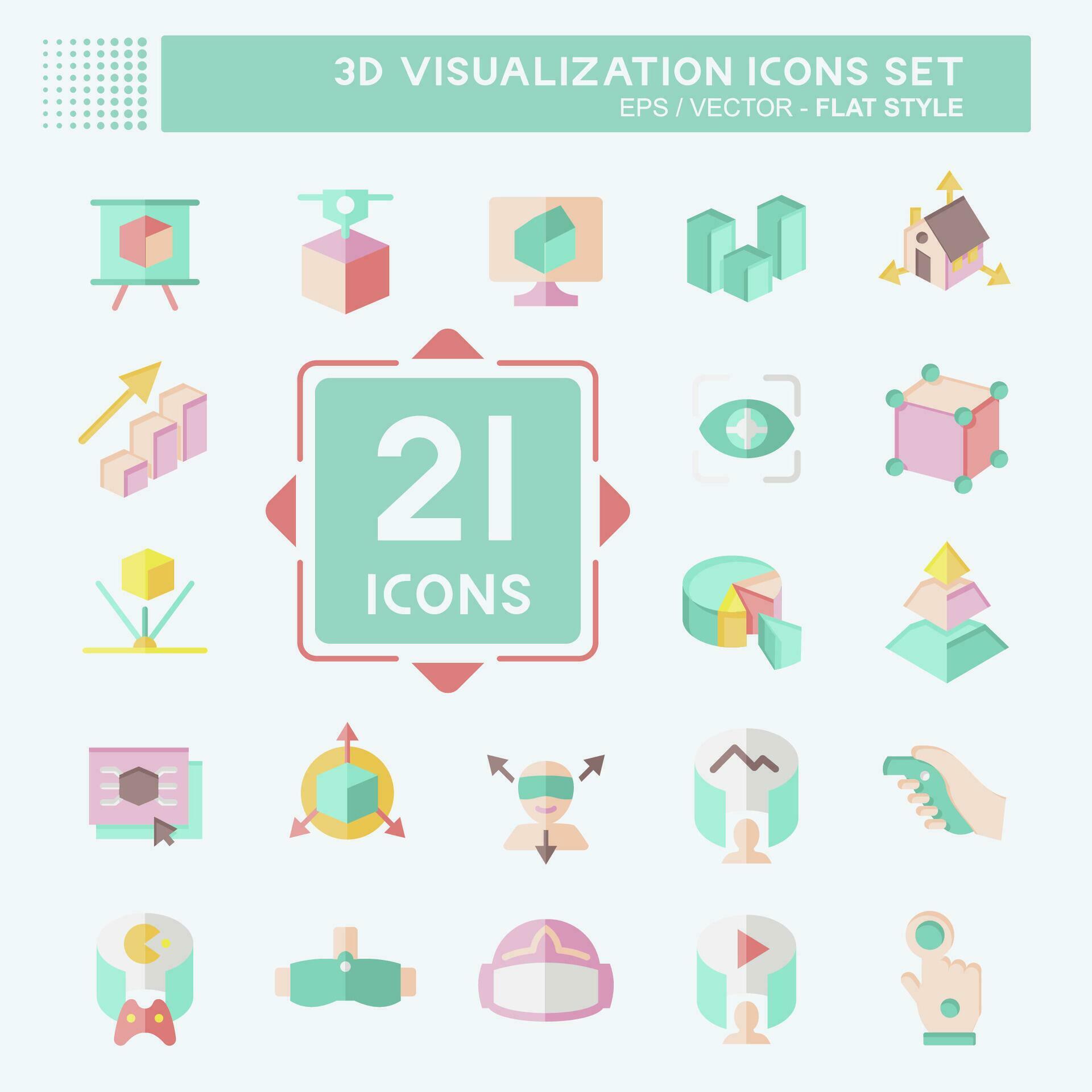 Icon Set 3D Visualization. related to 3D Visualization symbol. flat ...