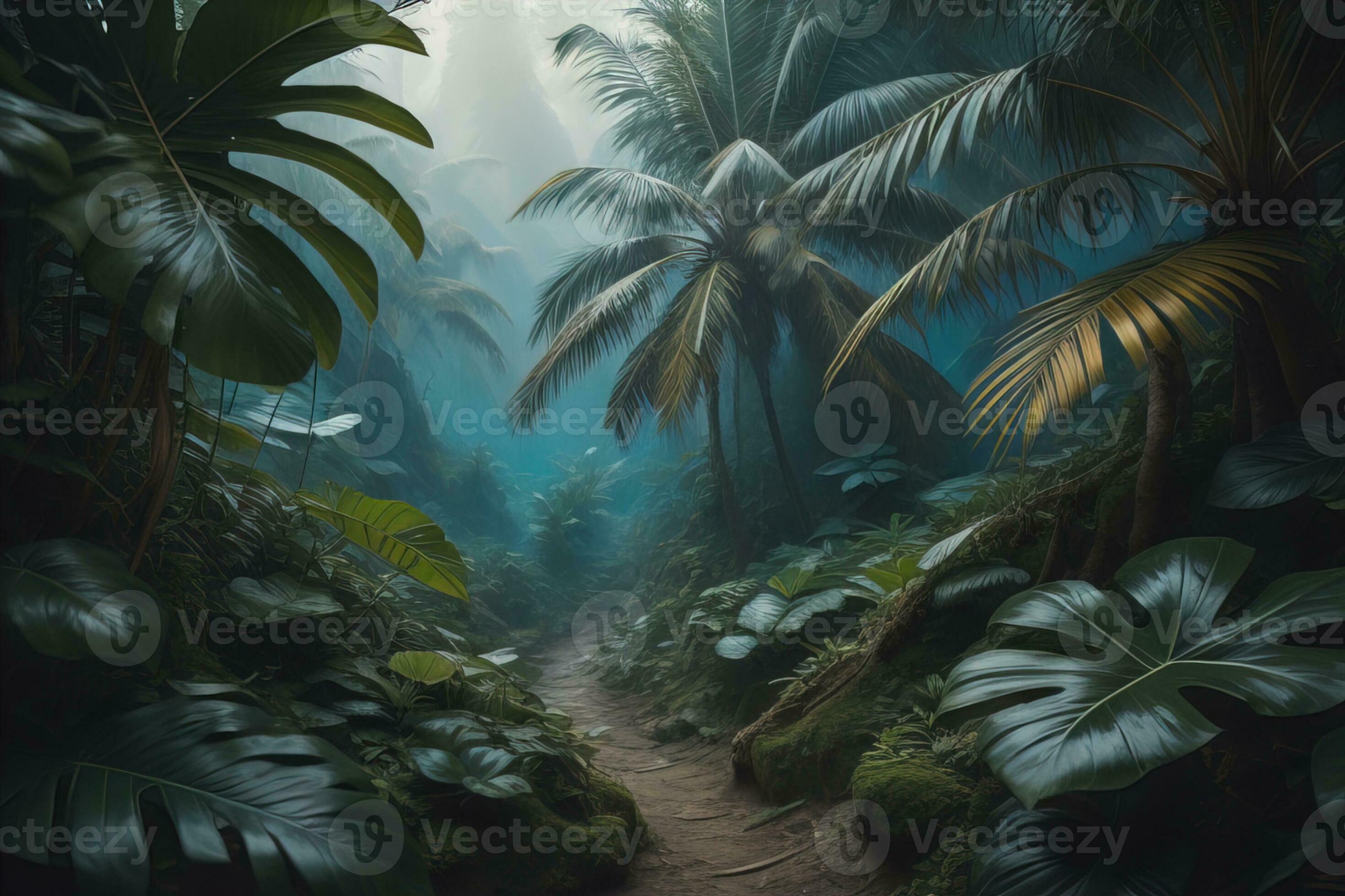 A pathway in tropical rainforest with palm trees and path in the mist ...