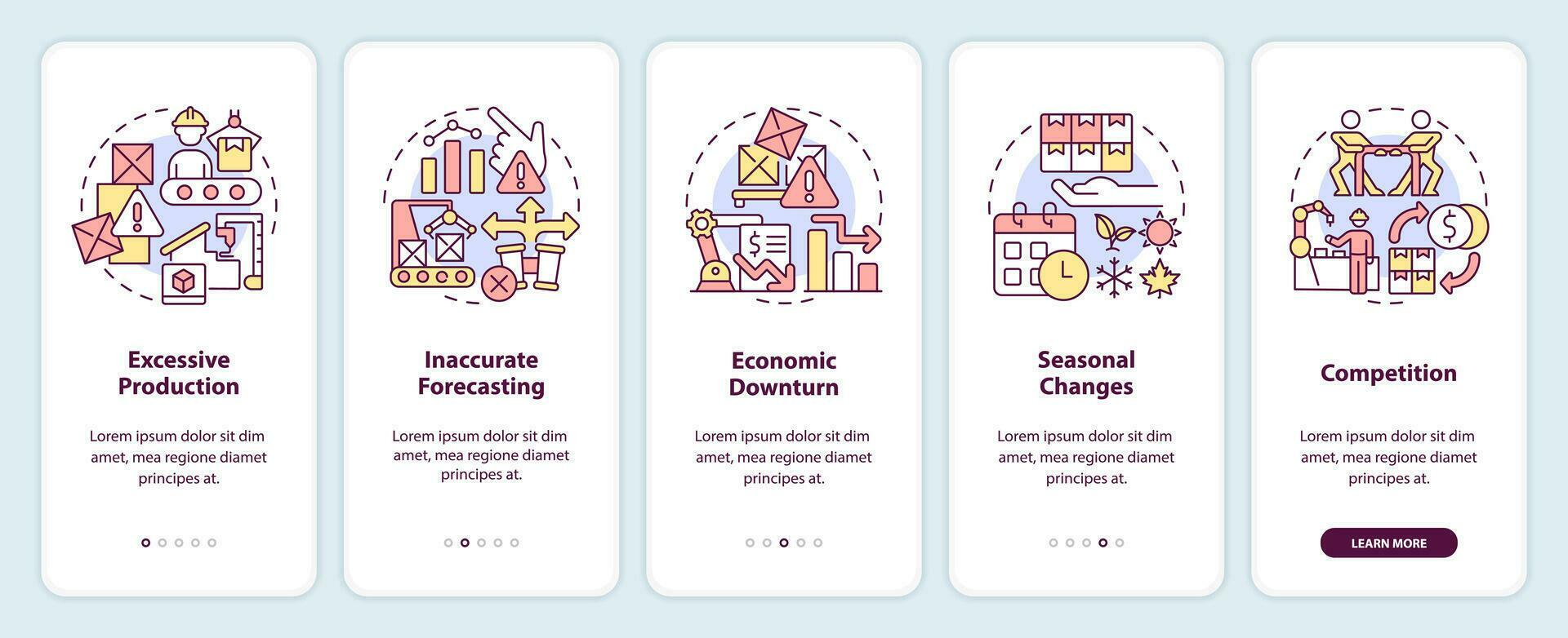 2d Colorful Thin Line Icons Representing Overproduction Mobile App Screen Set 5 Steps Graphic