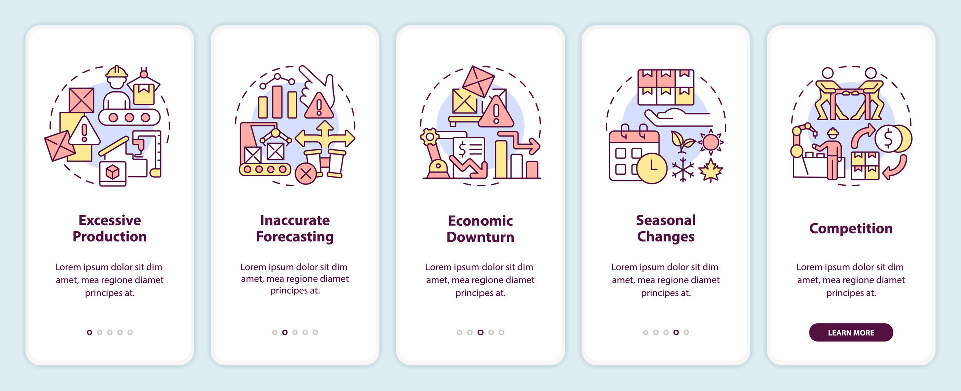 2d Colorful Thin Line Icons Representing Overproduction Mobile App Screen Set 5 Steps Graphic