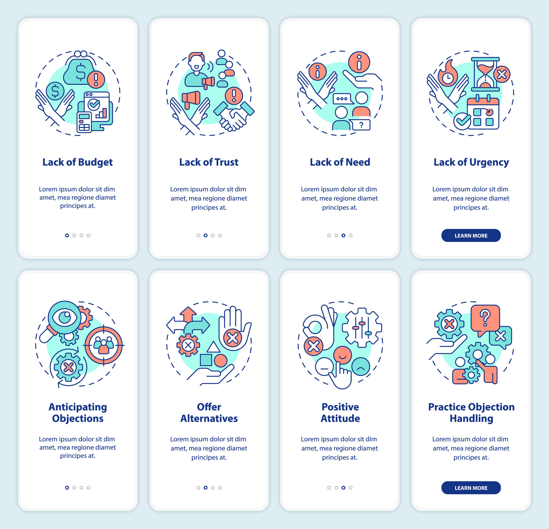 Objection Handling Onboarding Mobile App Screen Set Sales Skills Walkthrough 4 Steps Editable