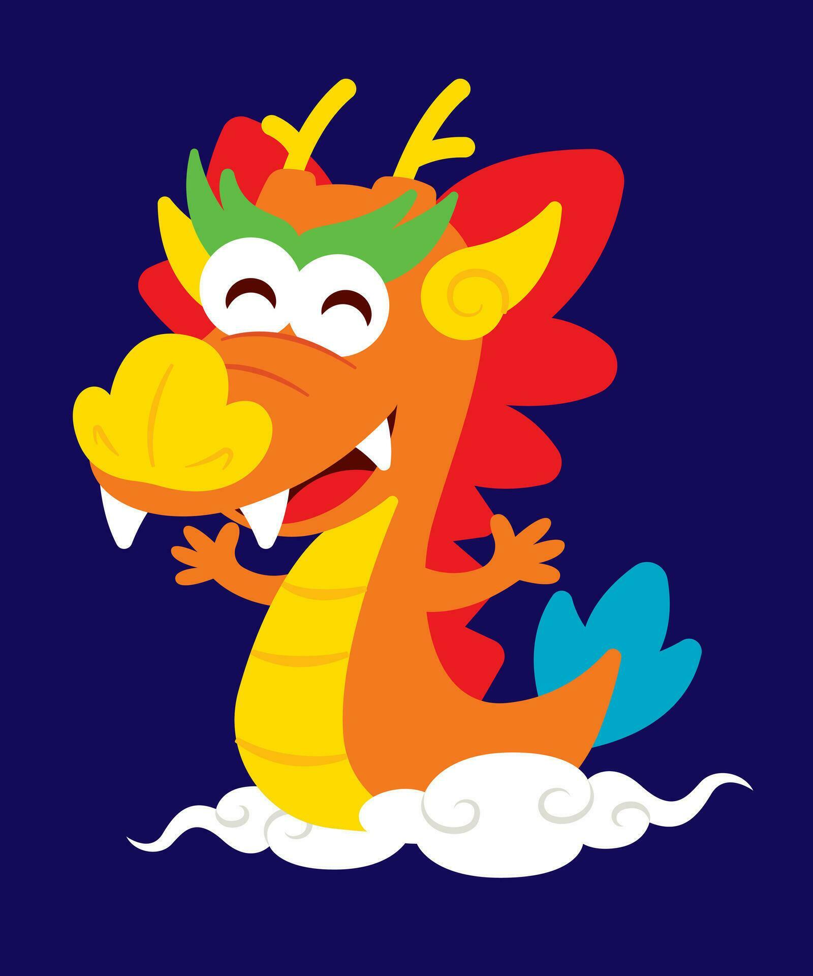 Flat Design Cartoon Cute Chinese Dragon Riding On Oriental Clouds Year