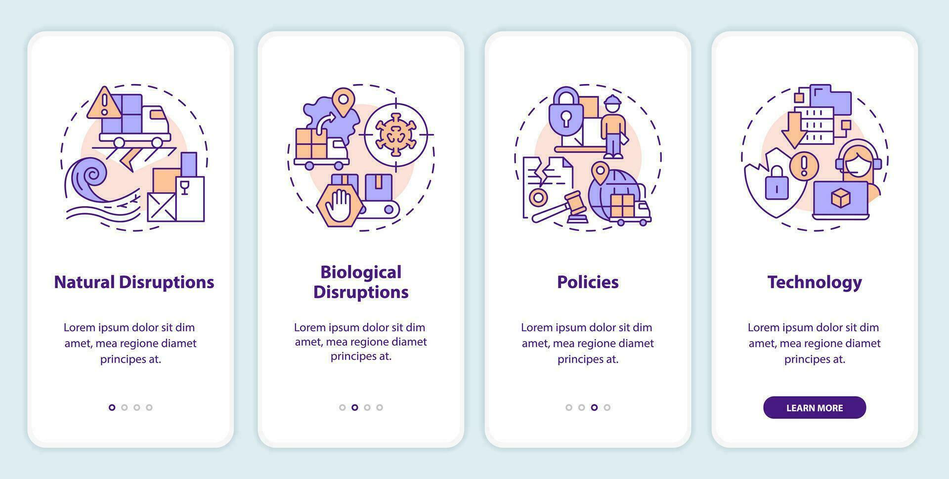 Supply Chain Disruptions Onboarding Mobile App Screen Logistics Walkthrough 4 Steps Editable