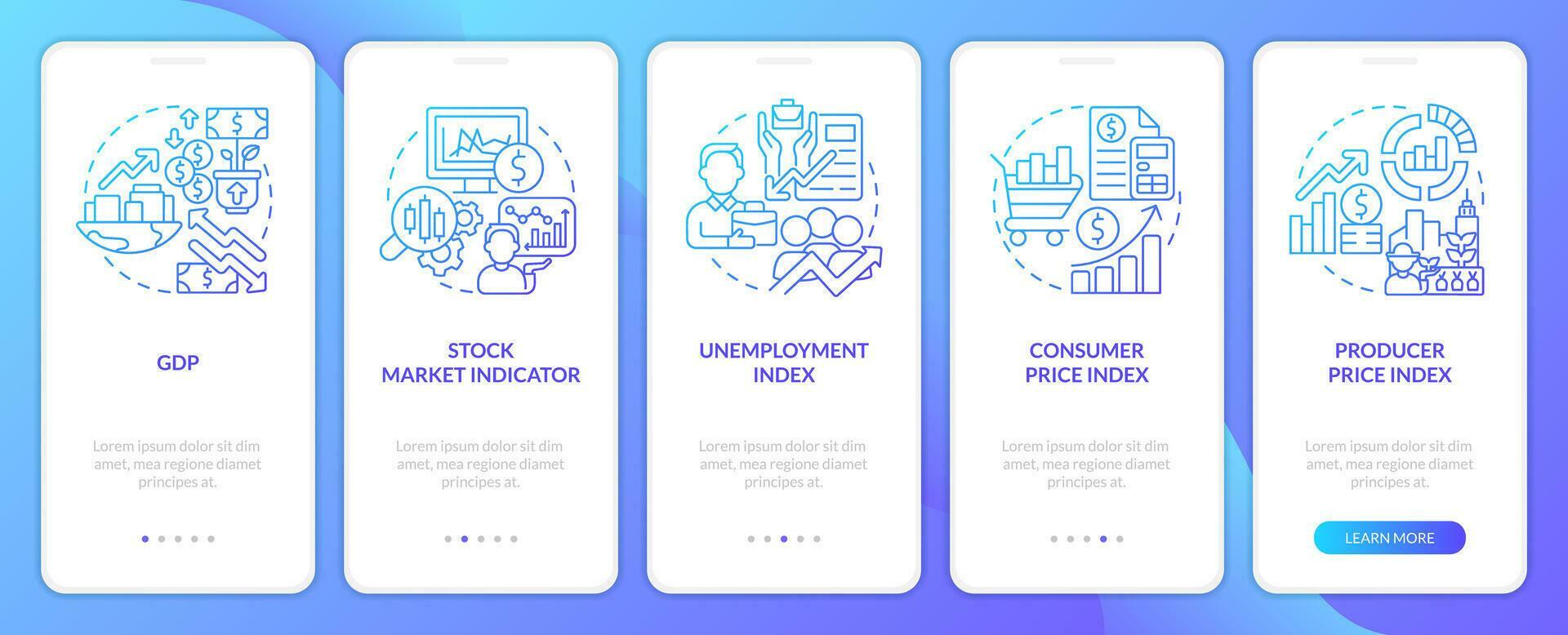 Economic indicators blue gradient onboarding mobile app screen ... Economic indicators blue gradient onboarding mobile app screen ...