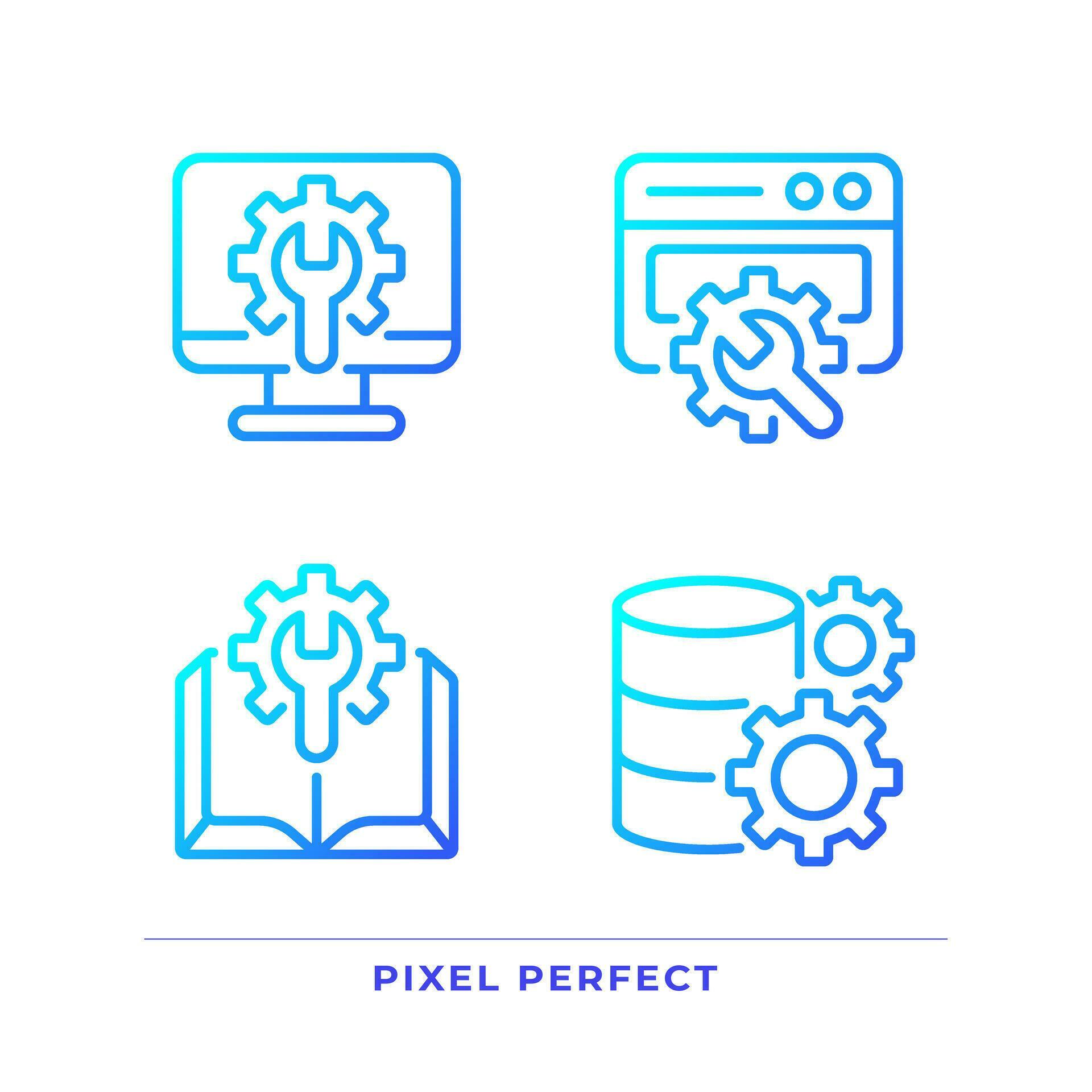 Computer system settings pixel perfect gradient linear vector icons set. Manual. Data storage ...