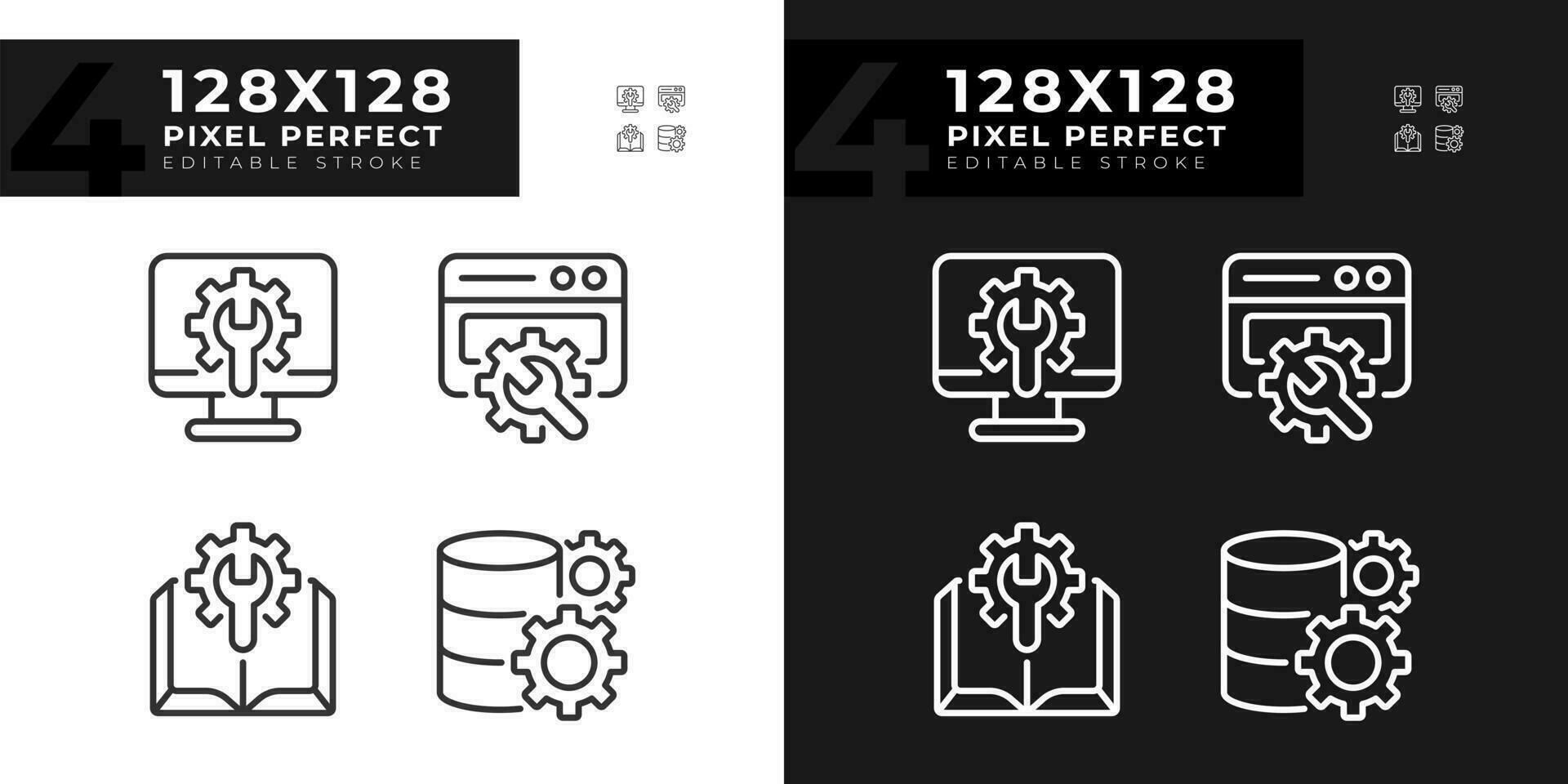 Computer system settings pixel perfect linear icons set for dark, light mode. Manual. Data ...