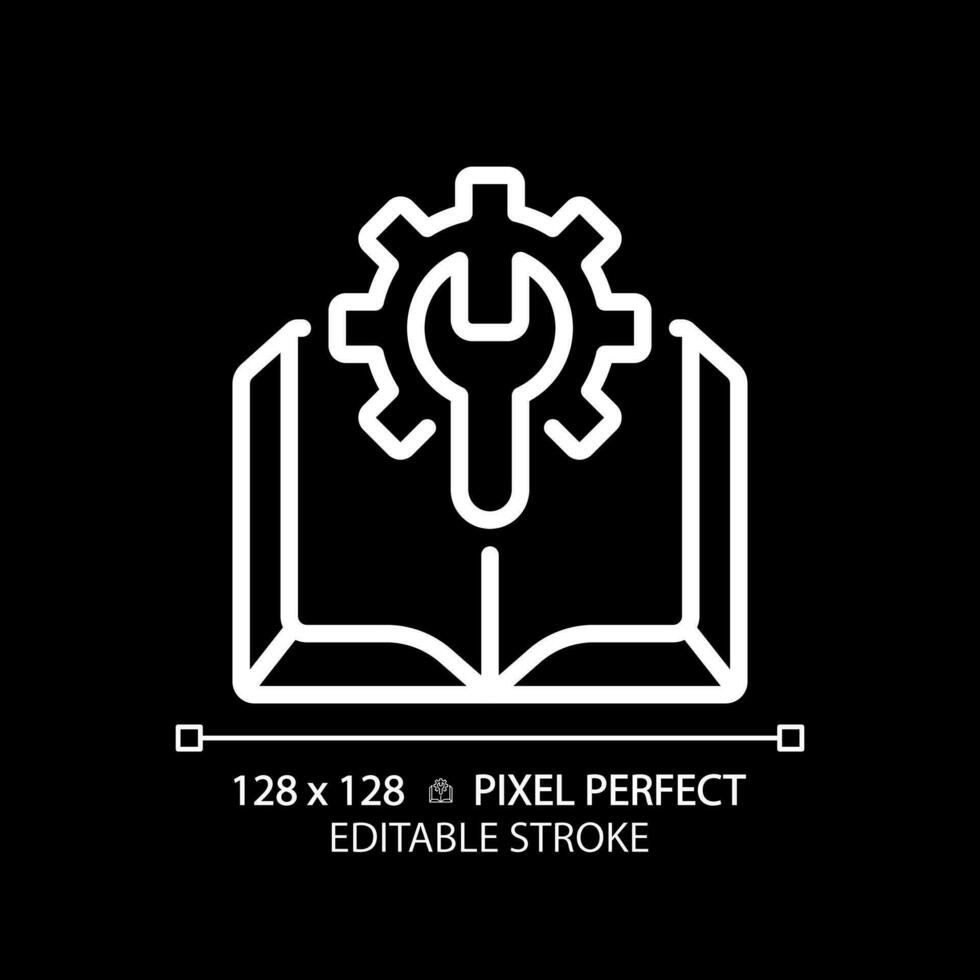 Manual pixel perfect white linear icon for dark theme. Technical instructions. Read knowledge ...