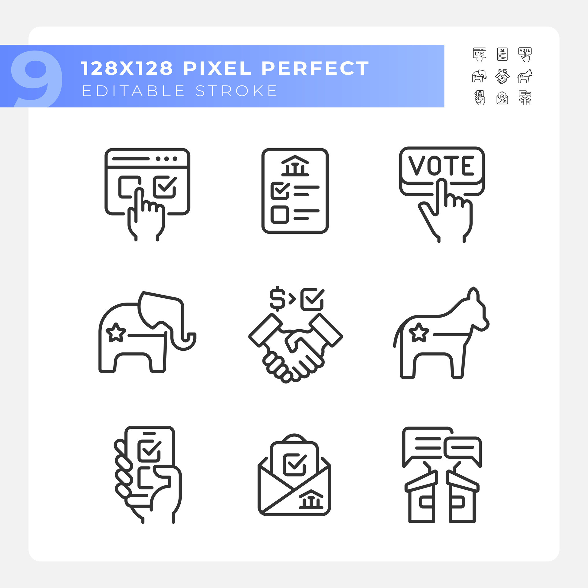 2d Customizable Pixel Perfect Thin Line Icons Set Representing Voting Vector Illustration Of