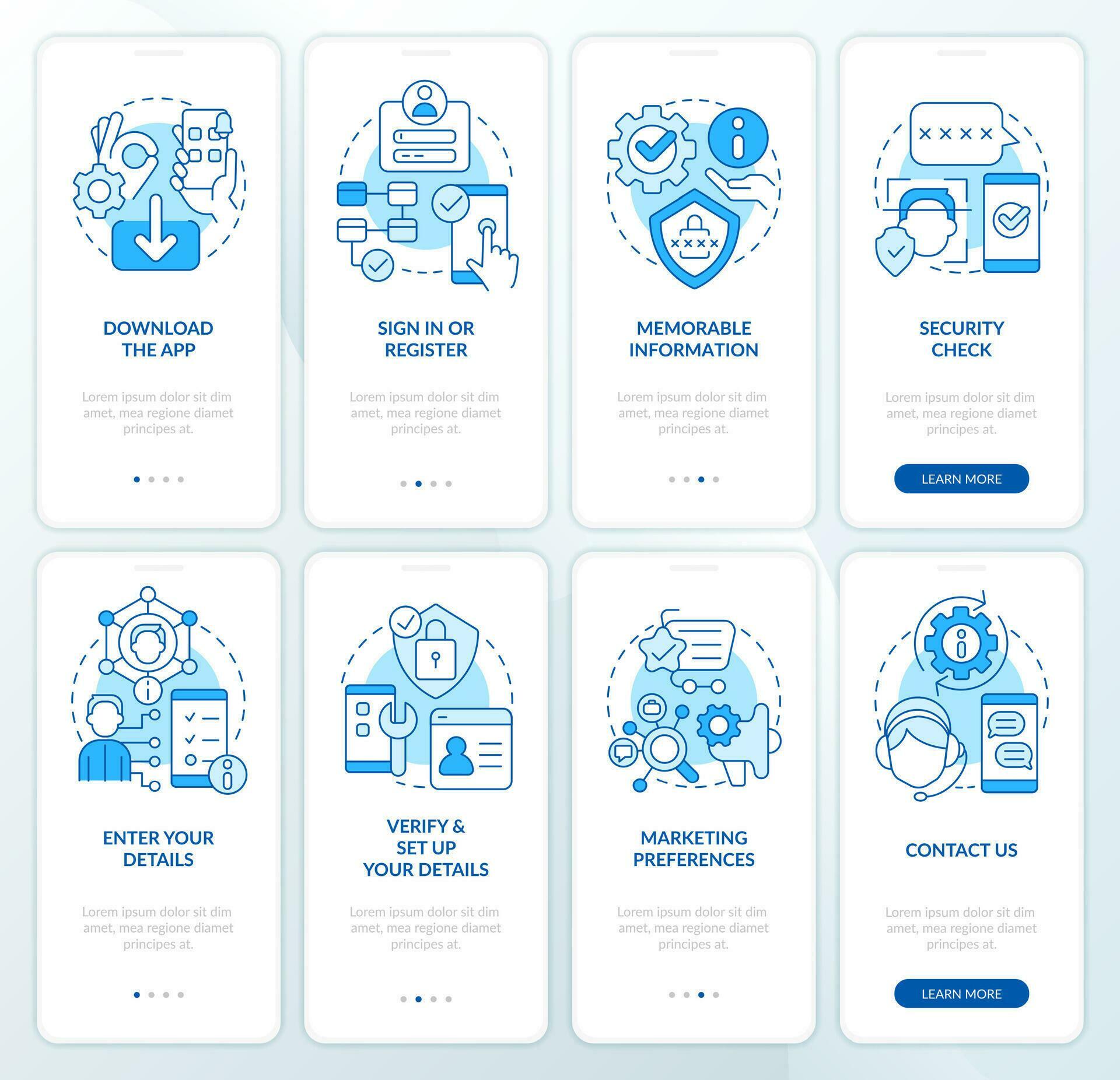 Online Banking Blue Onboarding Mobile App Screen Set Registration Walkthrough 4 Steps Editable