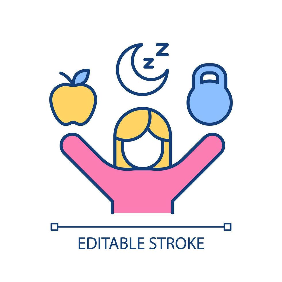 Healthy living habits RGB color icon. Physical activity. Proper ... Healthy living habits RGB color icon. Physical activity. Proper ...