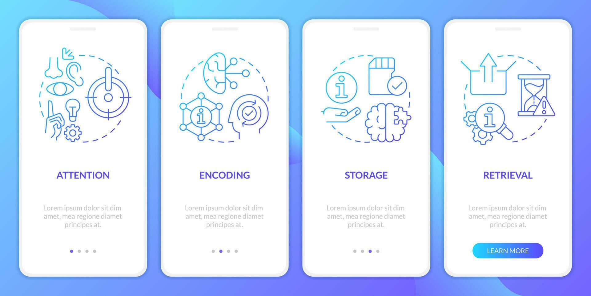 Memorizing Information Process Blue Gradient Onboarding Mobile App Screen Walkthrough 4 Steps