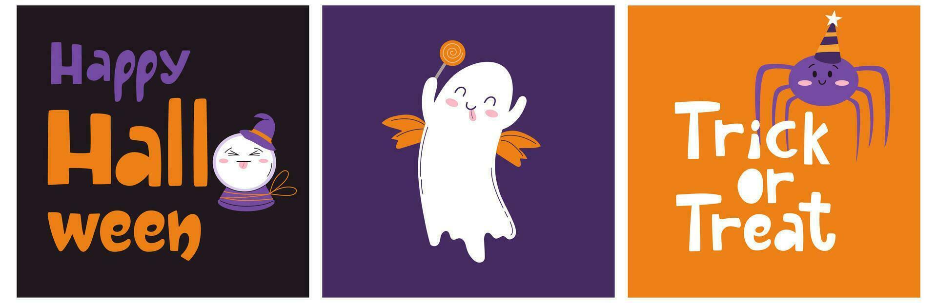 Colourful Handrrawn Set Of Three Halooween Cards Smiling Cute Ghost Teasing Crystal Ball And