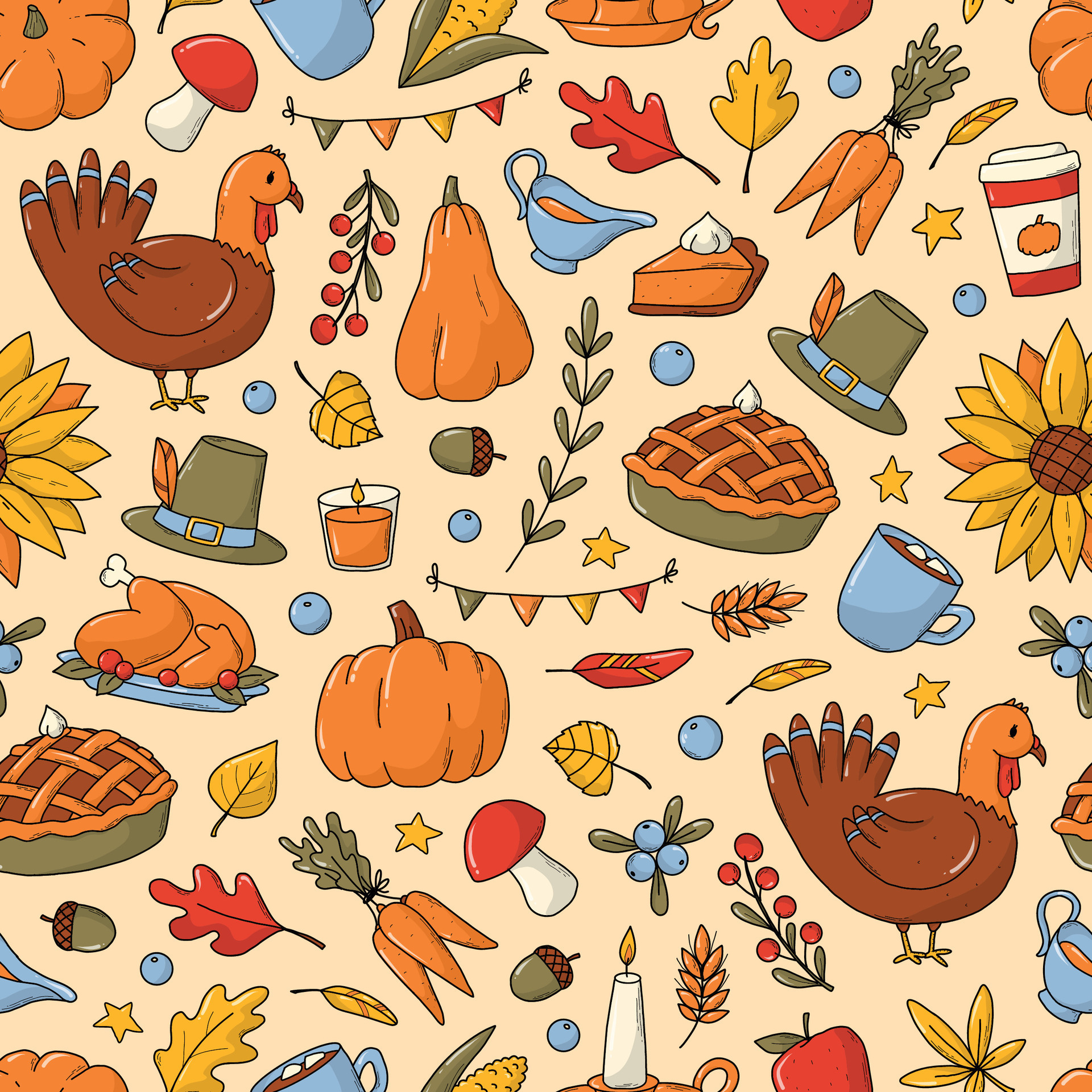 Thanksgiving and autumn seamless pattern with doodles on light yellow ...