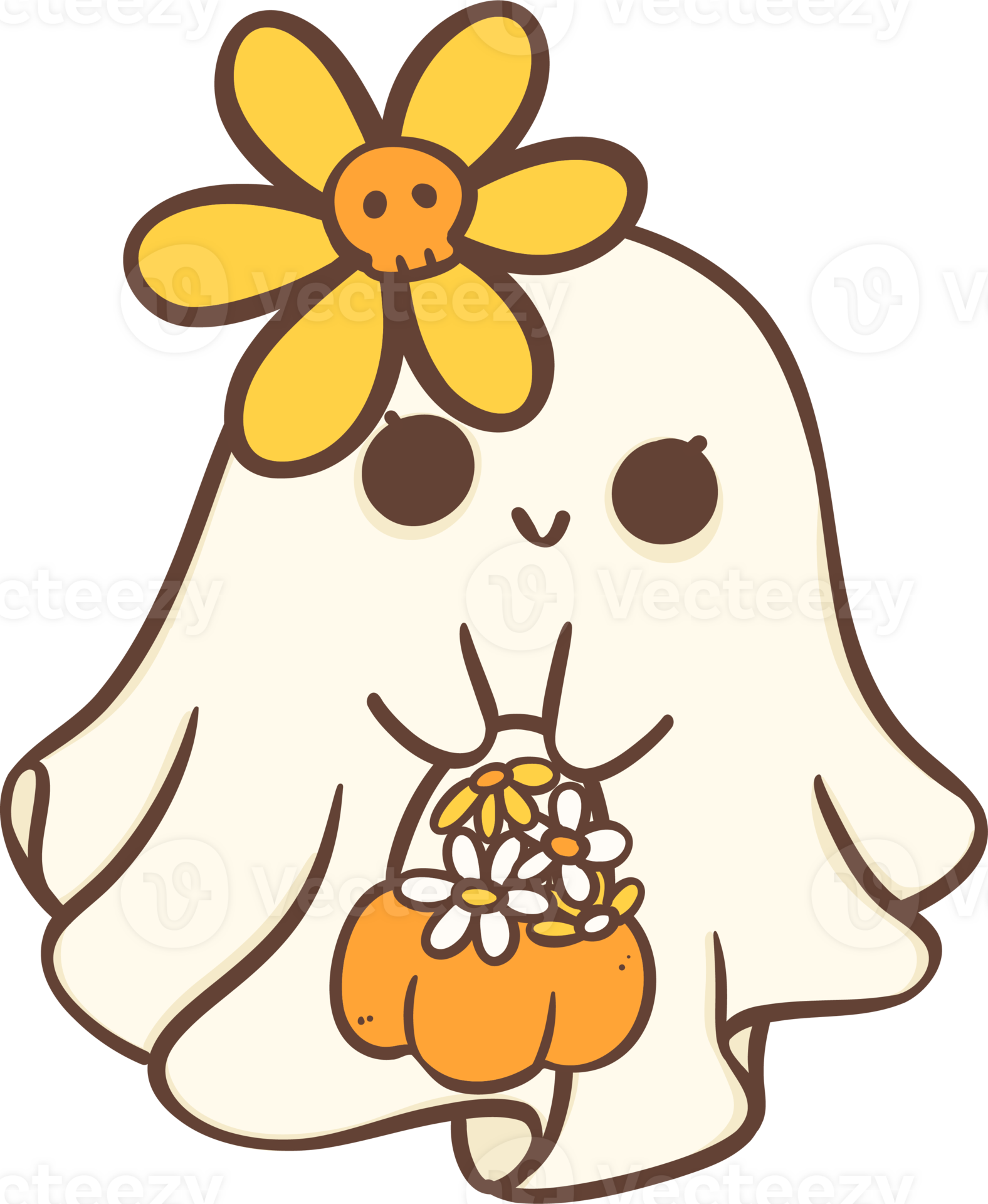 Cute Halloween ghost with flower outline, Kawaii retro spooky boo ...